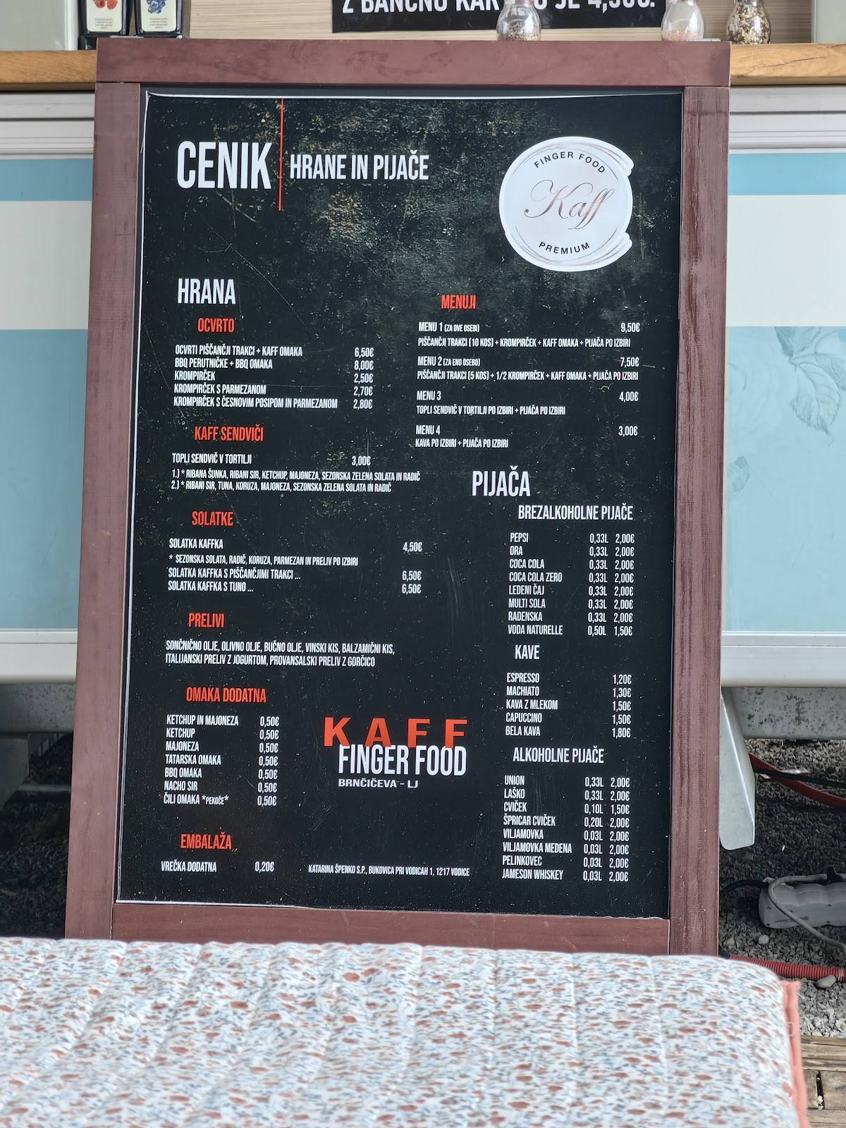 Menu at KAFF finger food restaurant, Ljubljana