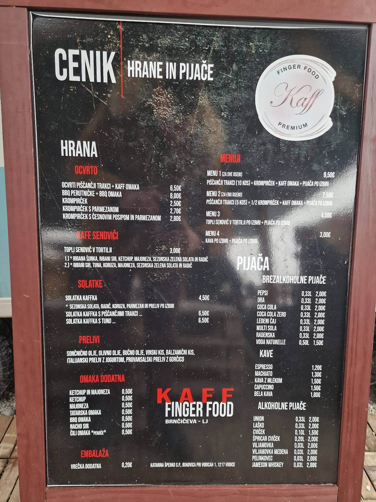 Menu at KAFF finger food restaurant, Ljubljana