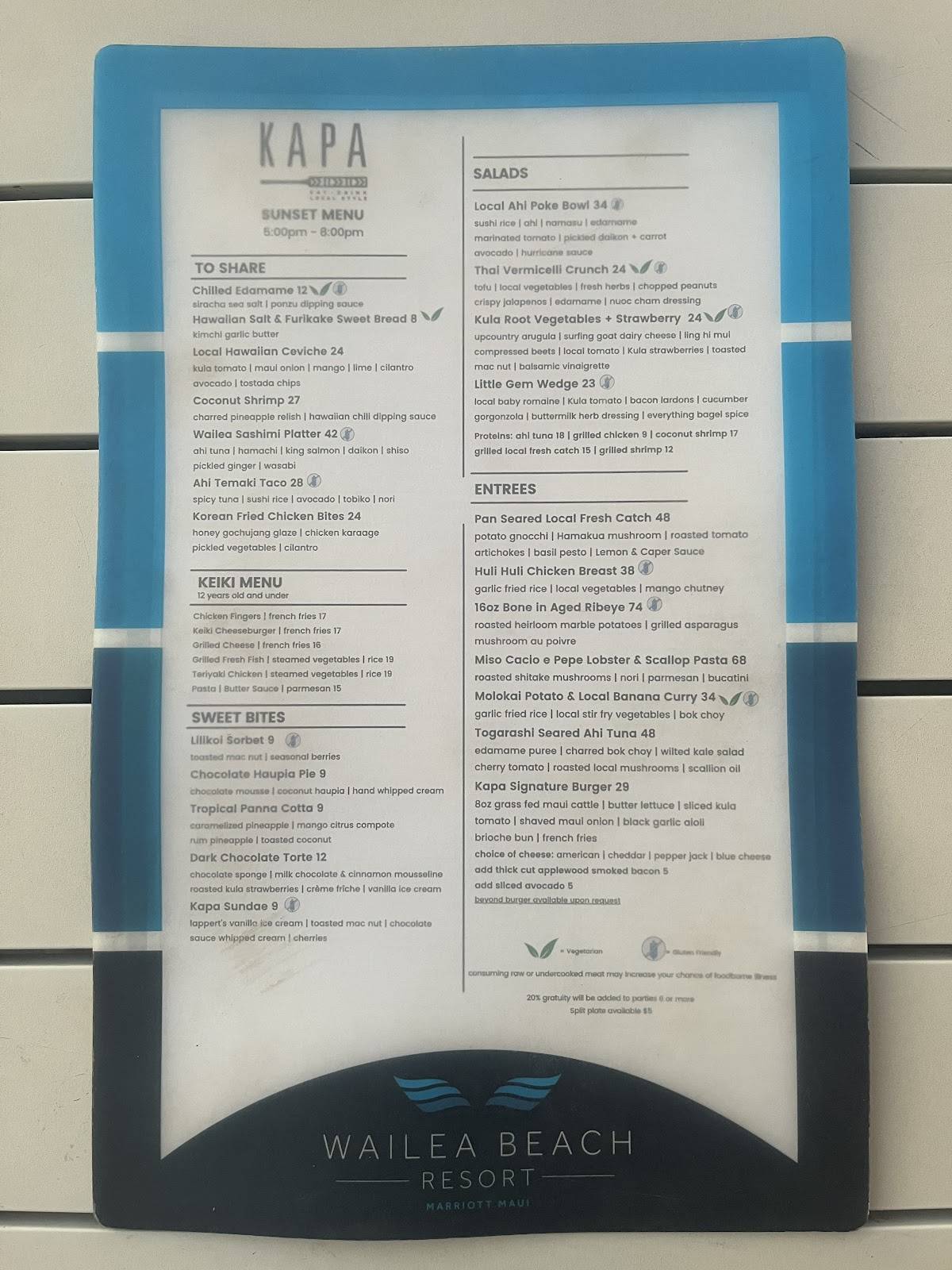 Menu at KAPA Bar & Grill, Wailea-Makena