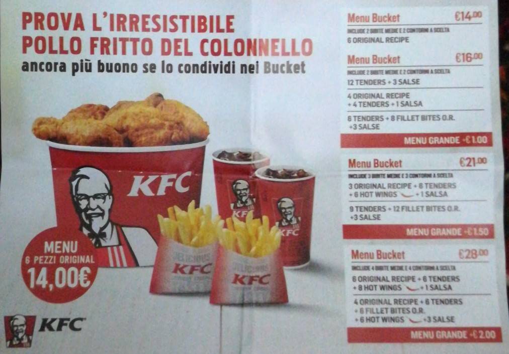 Speisekarte von KFC restaurant, Padua