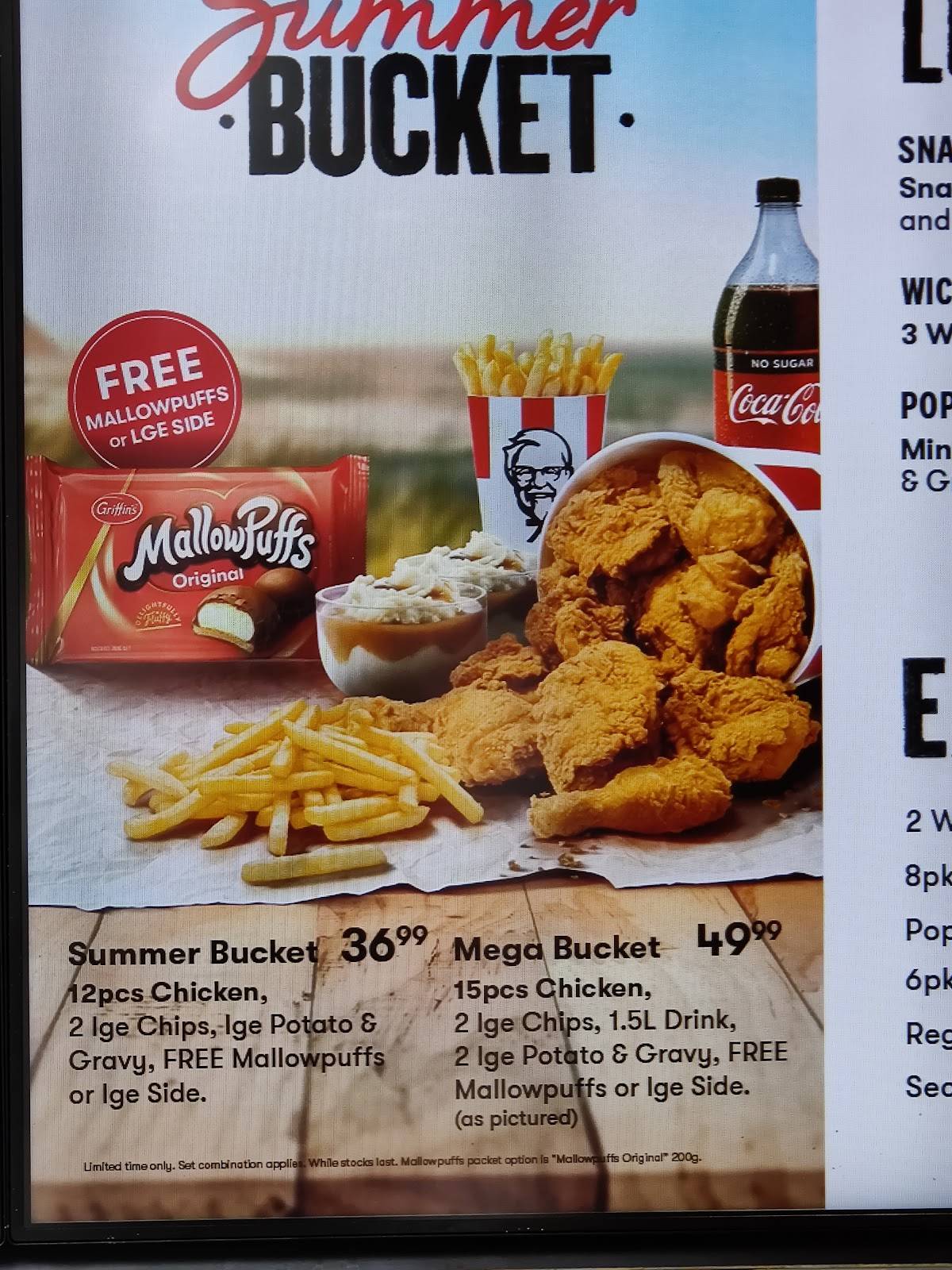 Menu at KFC fast food, Auckland, 251 Edmonton Rd