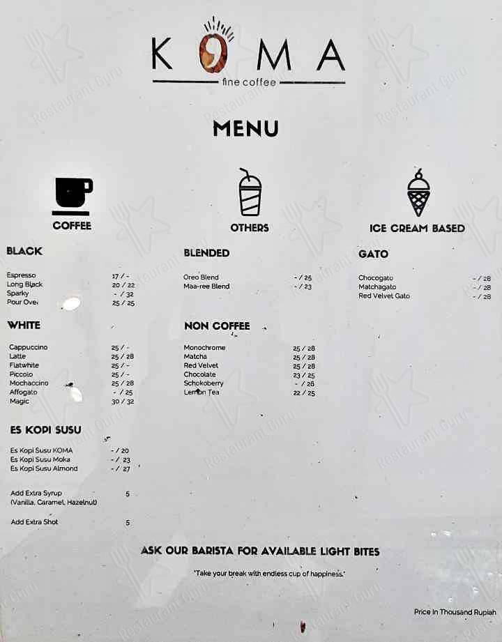 Menu at KOMA coffee cafe, Bandung