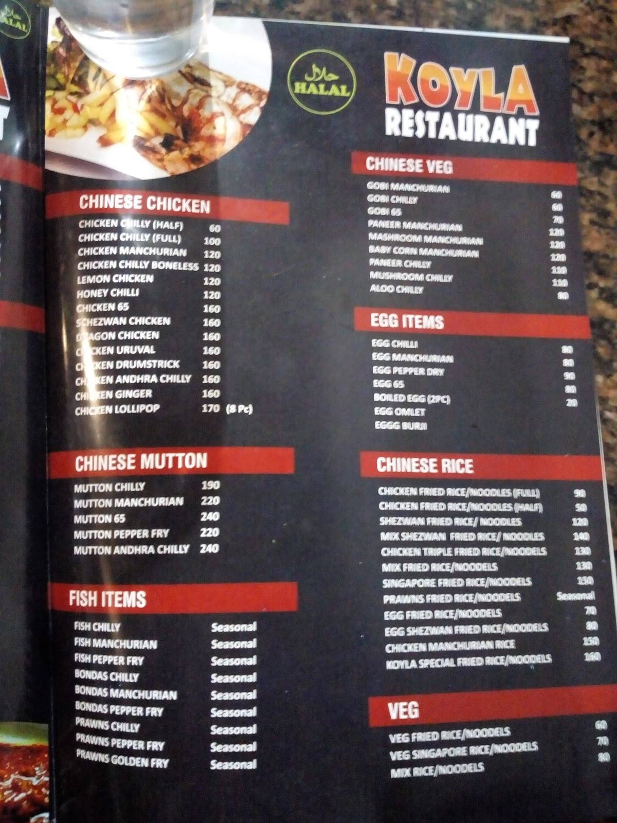 Menu at KOYLA RESTAURANT KAVOOR, Mangaluru, Ananth Arcade