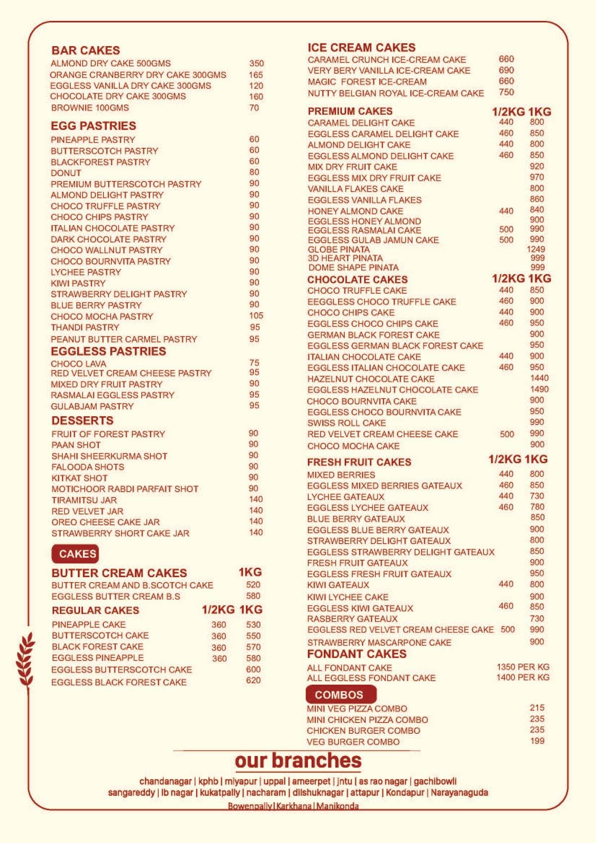 Menu at KS Bakers, Hyderabad, Kondapur Main Road