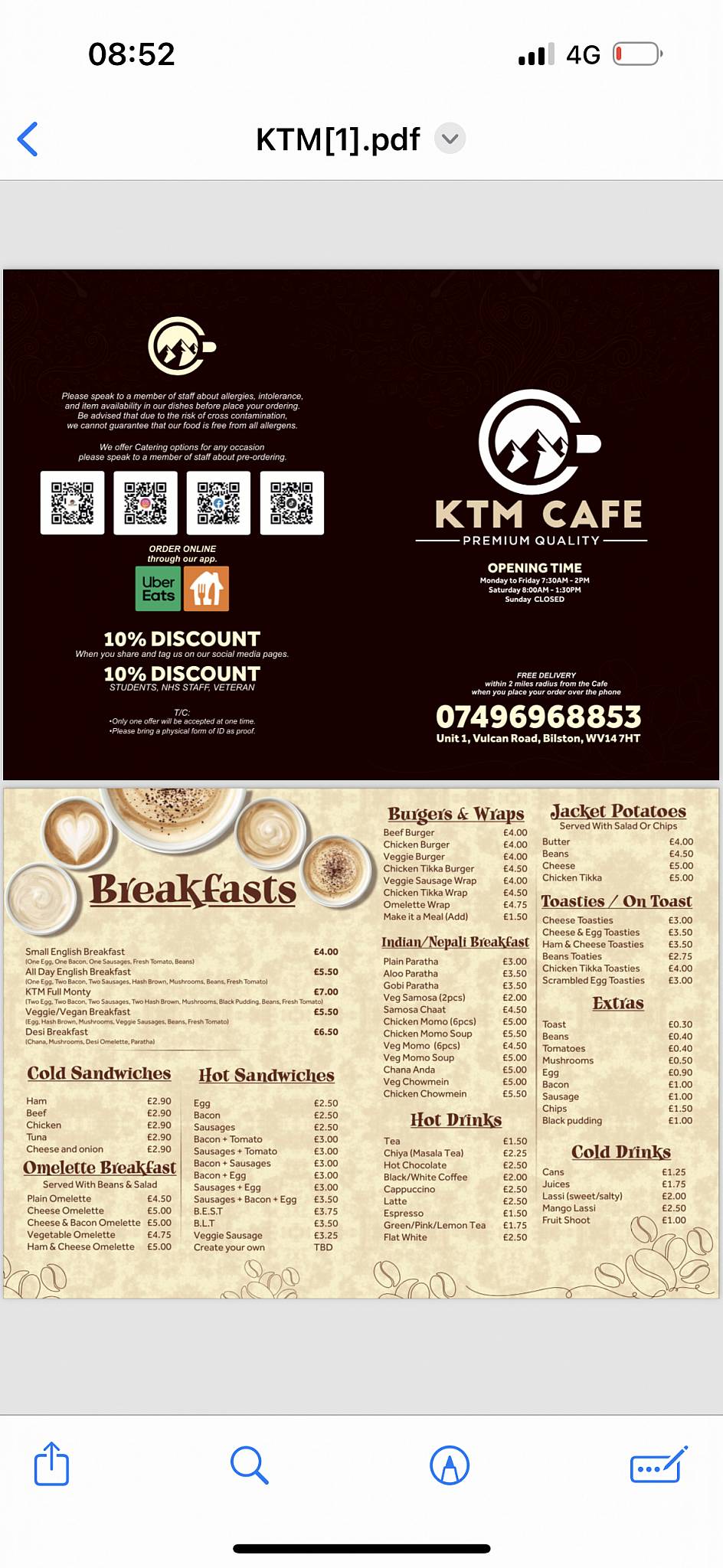 Menu at KTM Cafe, Bilston