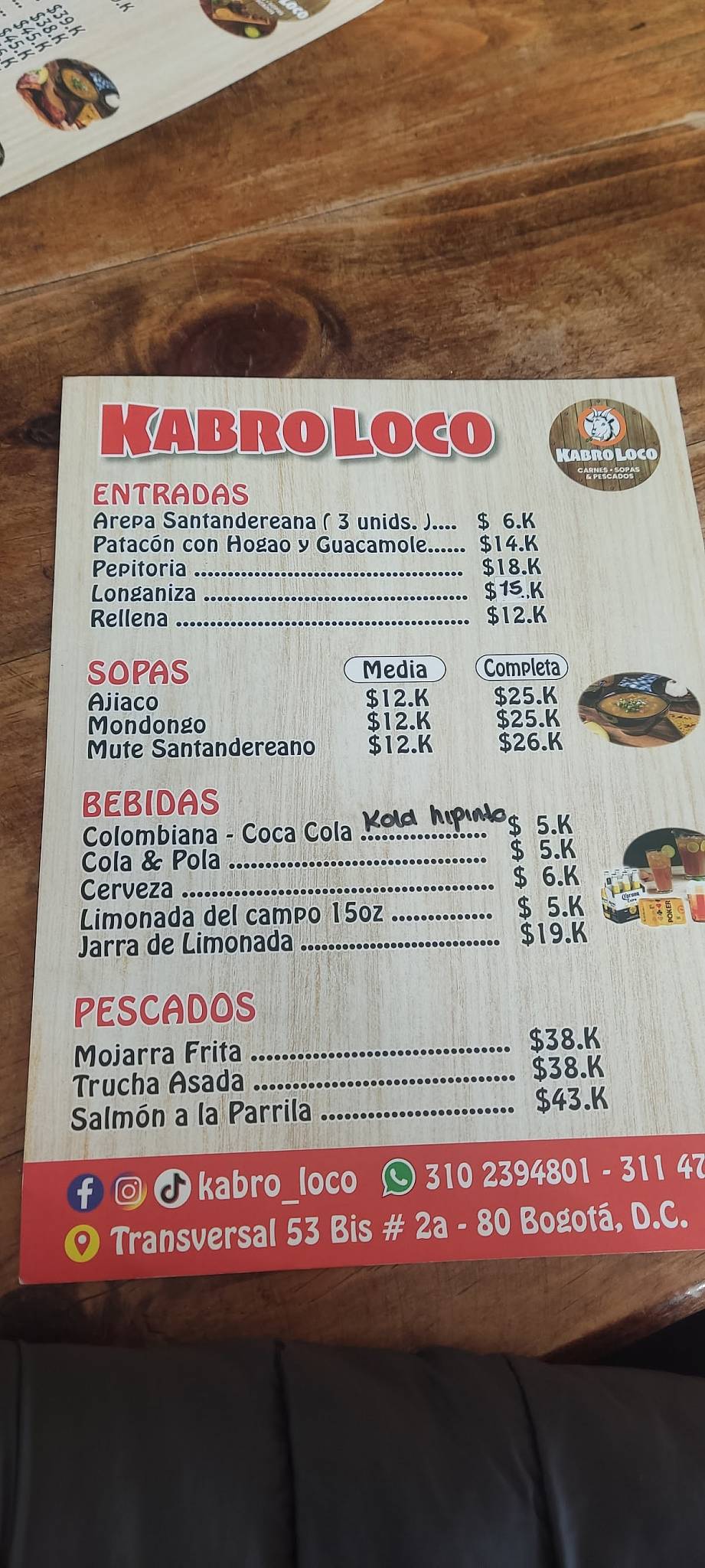 Carta del restaurante Kabro Loco, Bogotá