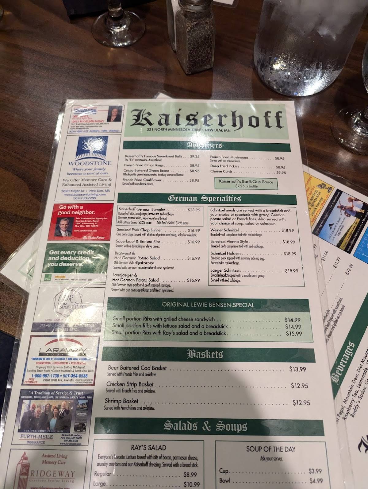 Menu at Kaiserhoff New Ulm restaurant, New Ulm