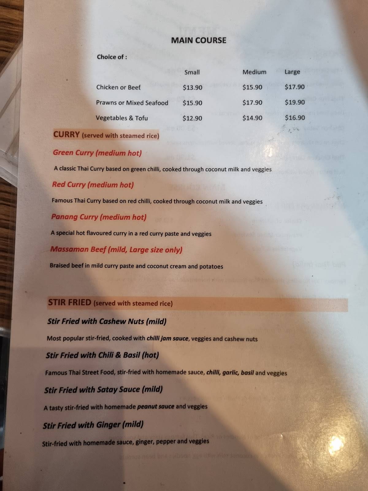 Menu at Kala Thai restaurant, Moonah