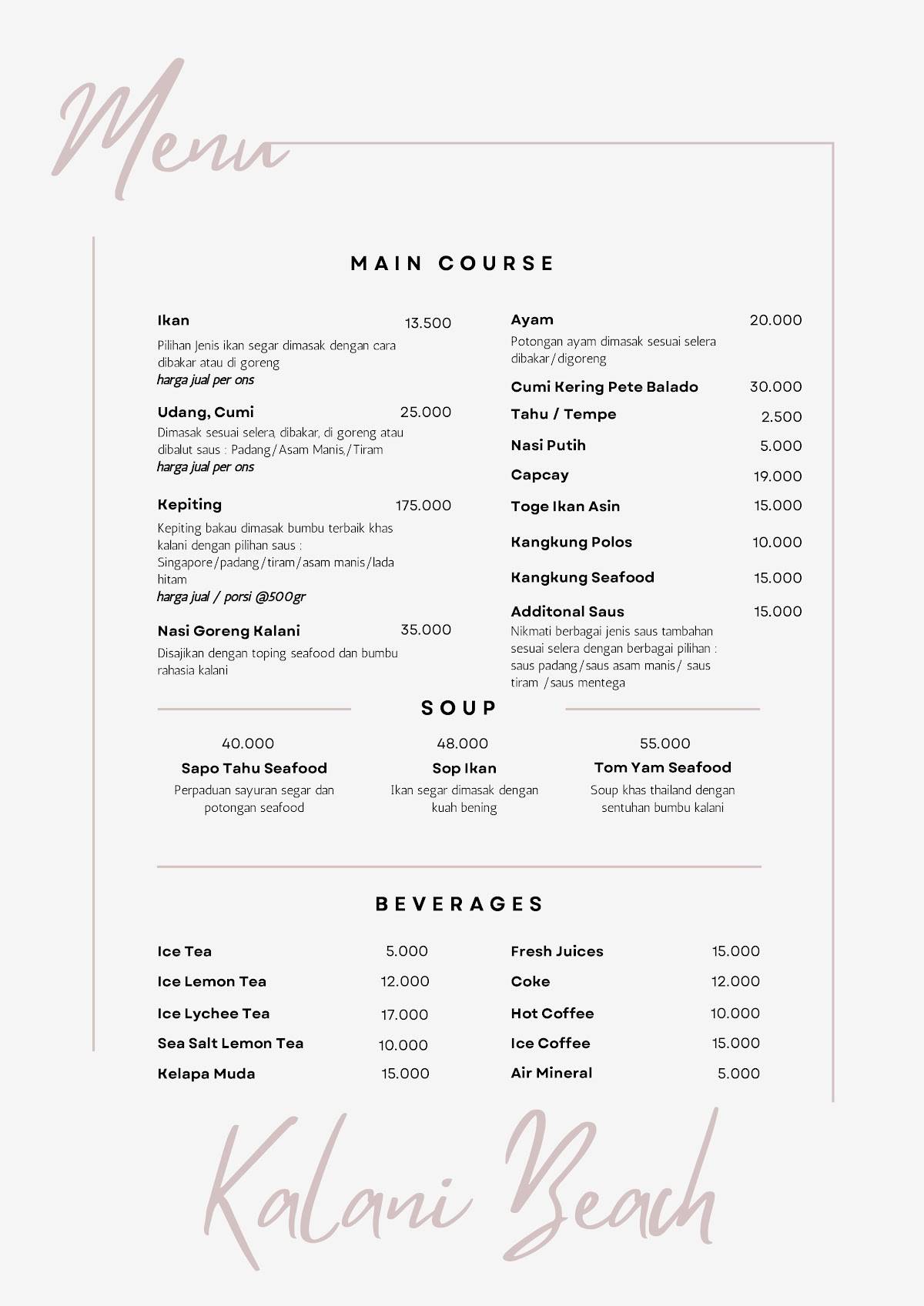 Menu at Kalani Beach Resto Cabang Rumah Makan Ketapang restaurant ...