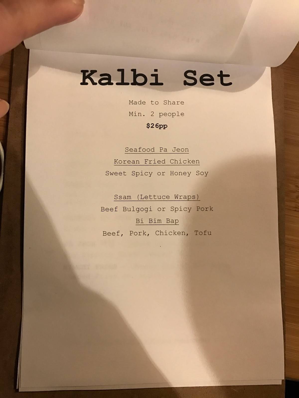 Menu at Kalbi restaurant, North Hobart