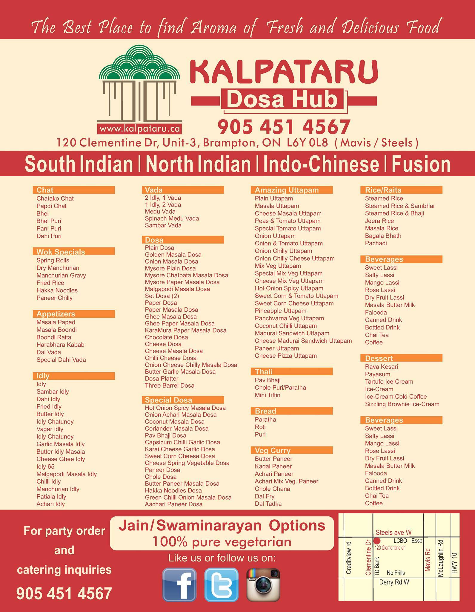 Carta del restaurante Kalpataru Dosa Hub On-Site Catering, Brampton