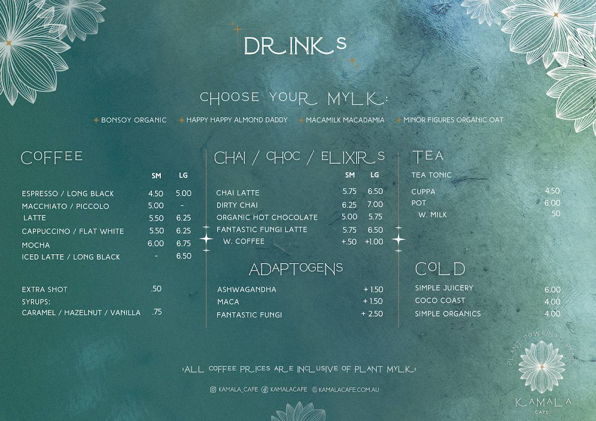 Menu at Kamala Cafe, Surfers Paradise