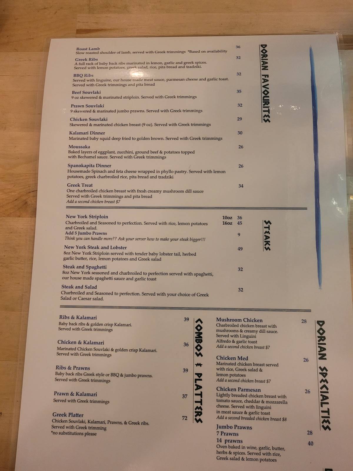 Menu at Dorian Greek House restaurant, Kamloops