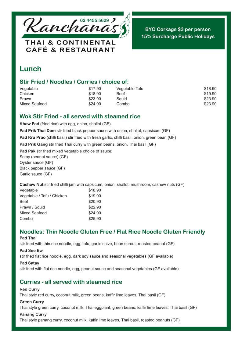 Menu at Kanchana's Thai and Continental Cafe & Restaurant, Ulladulla