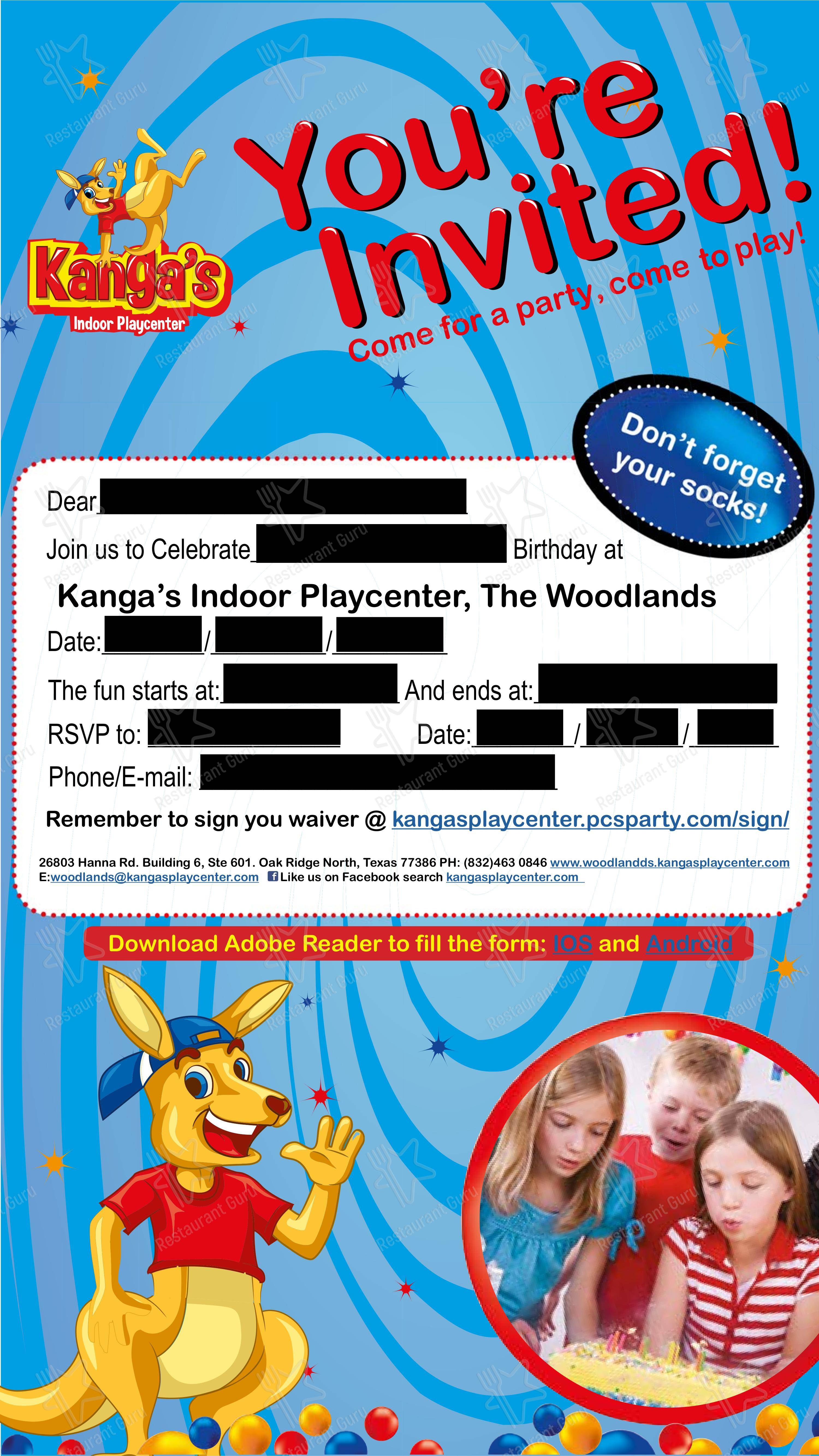 Menu at Kanga's Indoor Playcenter, The Woodlands restaurant, Oak Ridge ...