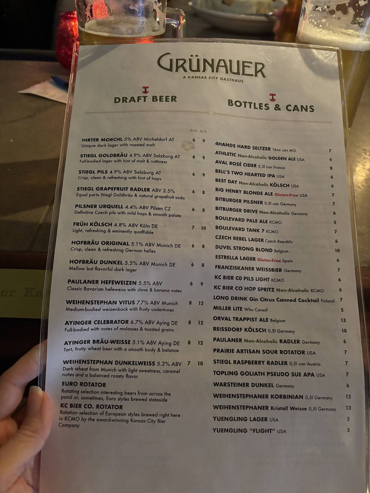 Menu at Grünauer pub & bar, Kansas City