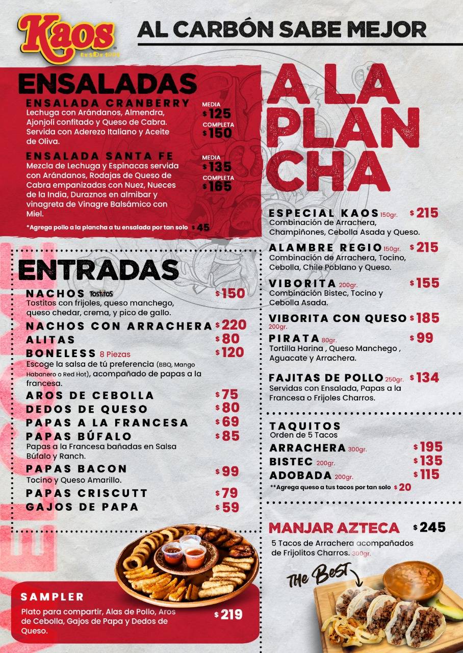 Carta del restaurante Kaos Especialidades Al Carbón, Aguascalientes