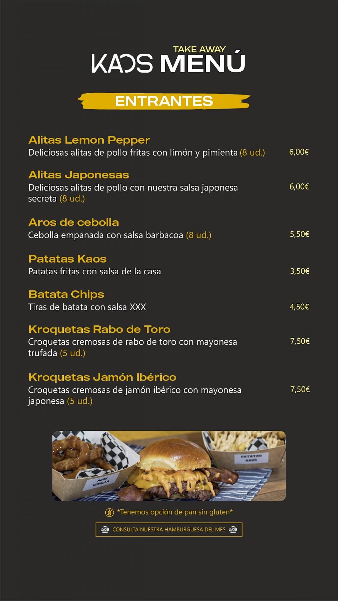 Carta del restaurante Kaos Smash Burger, Alcira