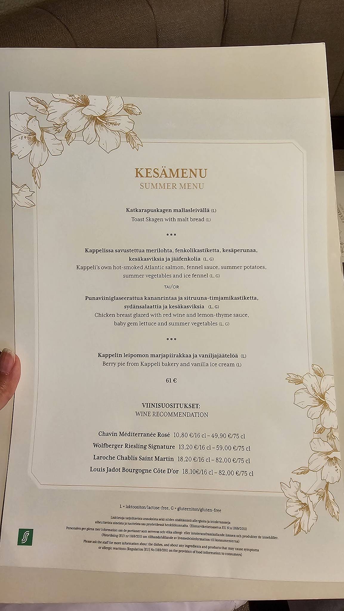 Menu at Kappeli restaurant, Helsinki, Eteläesplanadi 1