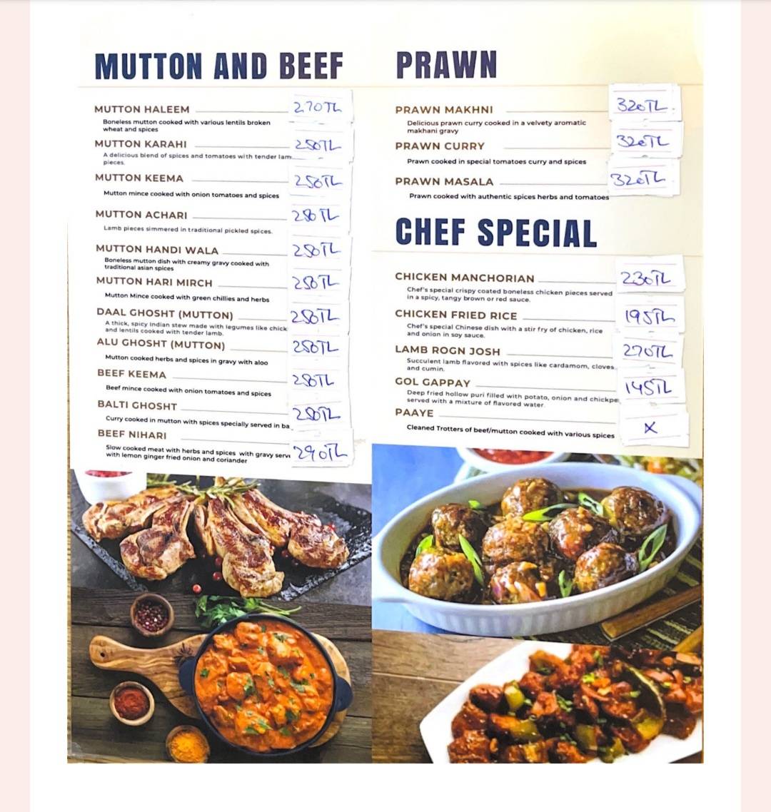 Menu at Karachi Darbar Pakistani Restaurant, Istanbul