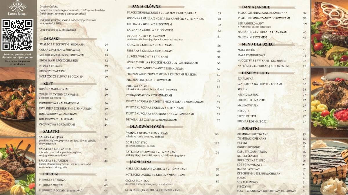 Menu at Karczma Bacówka restaurant, Zakopane