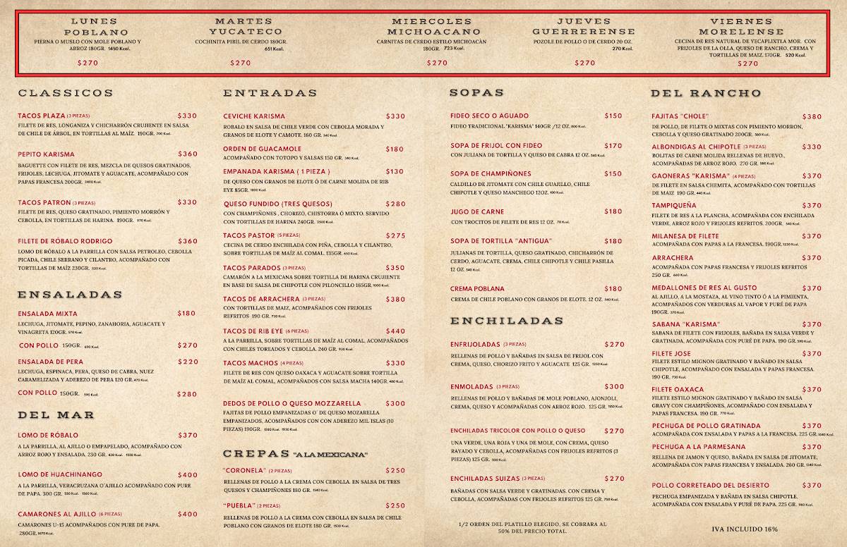 Carta del pub y bar KARISMA, Ciudad López Mateos, Campos Elíseos 219-2 ...