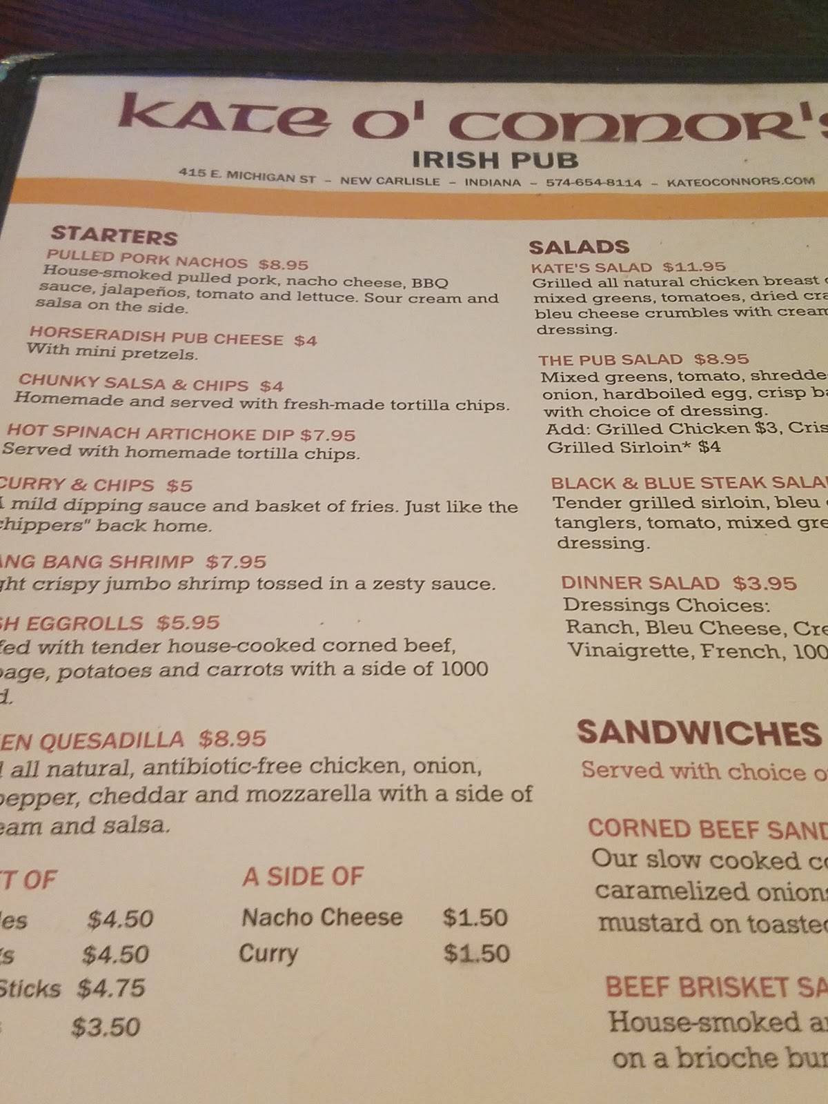 Menu at Kate O'Connor's Irish Pub, New Carlisle