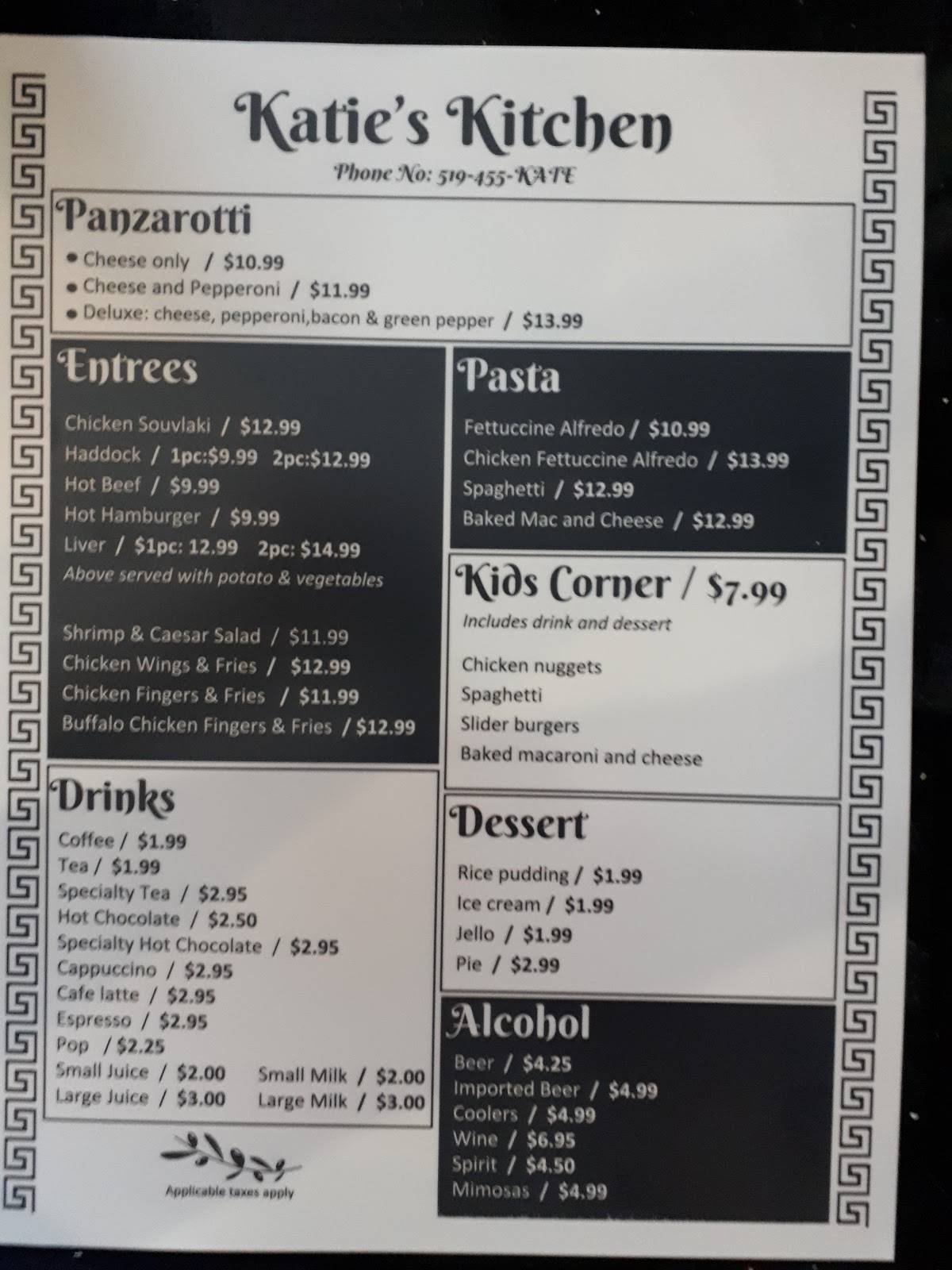 Menu at Katie's Kitchen restaurant, London