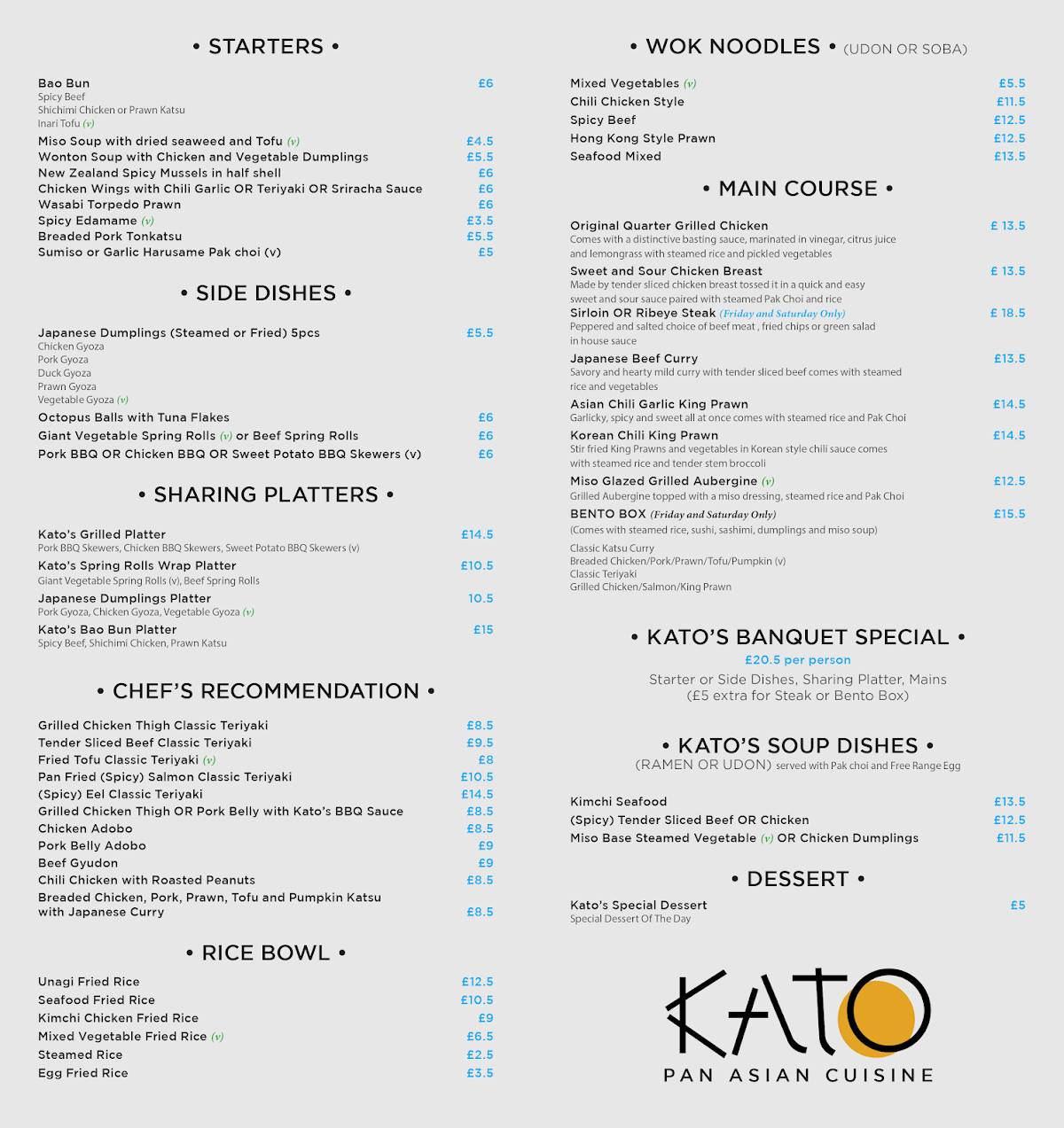 Menu at Kato Pan Asian Cuisine restaurant, Newcastle upon Tyne, Sun St
