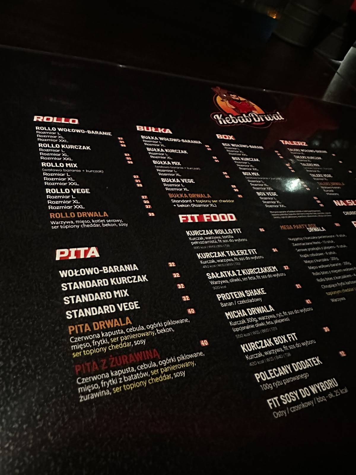 Menu at Kebab DRWAL restaurant, Gdańsk, Śląska 17a