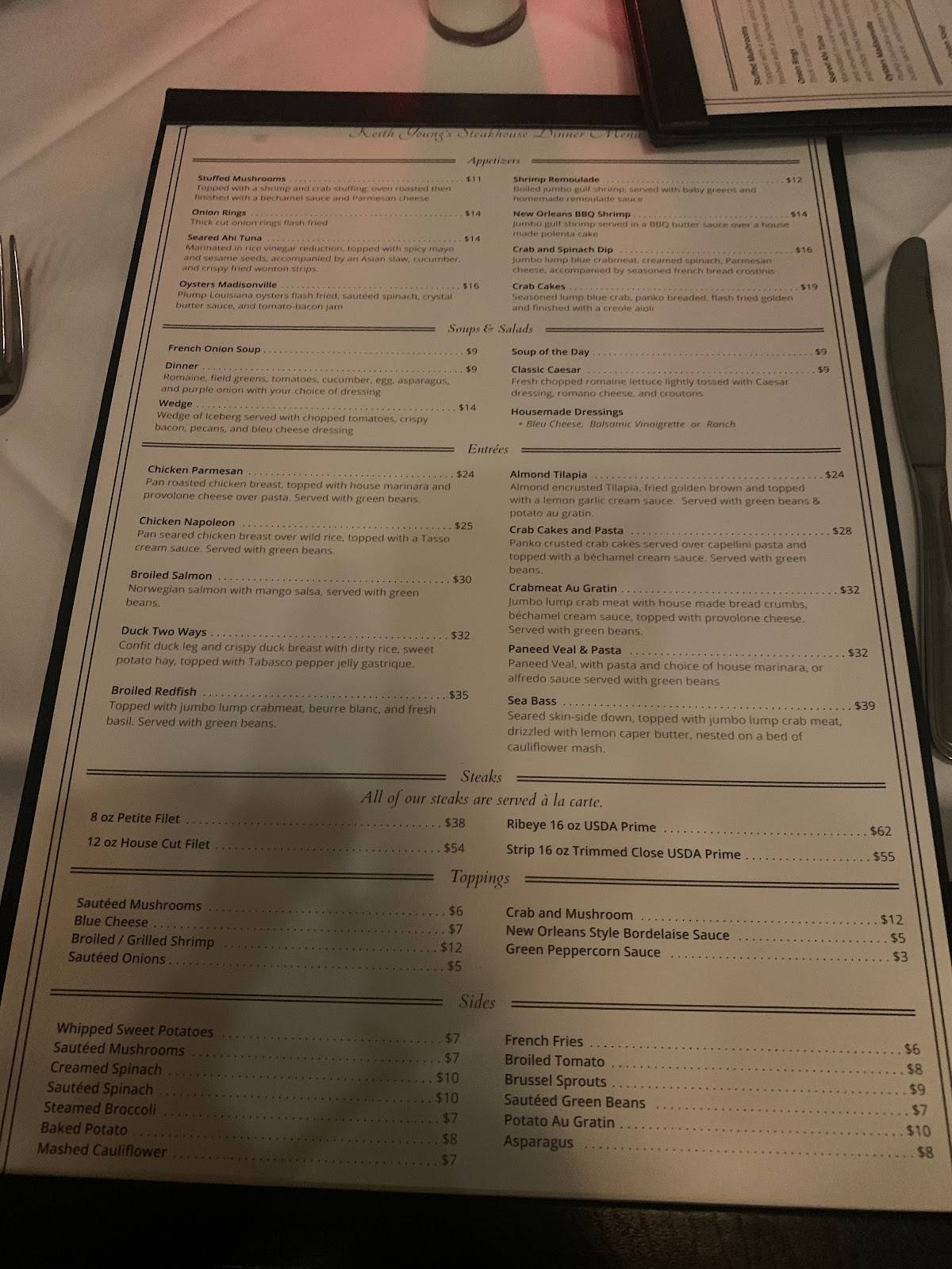 Menu at Keith Young's Steakhouse, Madisonville