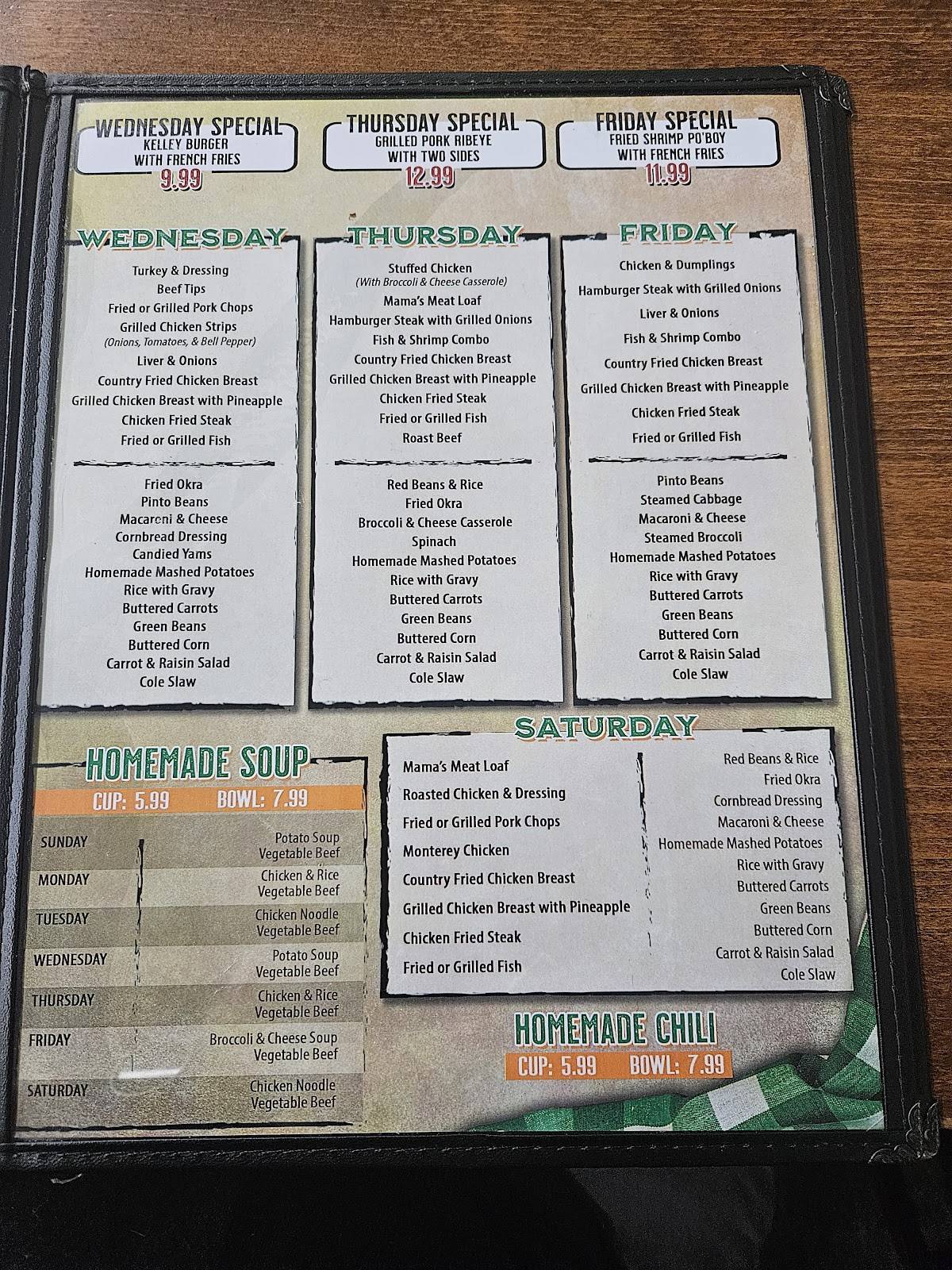 Menu at Kelley's Country Cookin’ restaurant, Houston, Park Pl Blvd