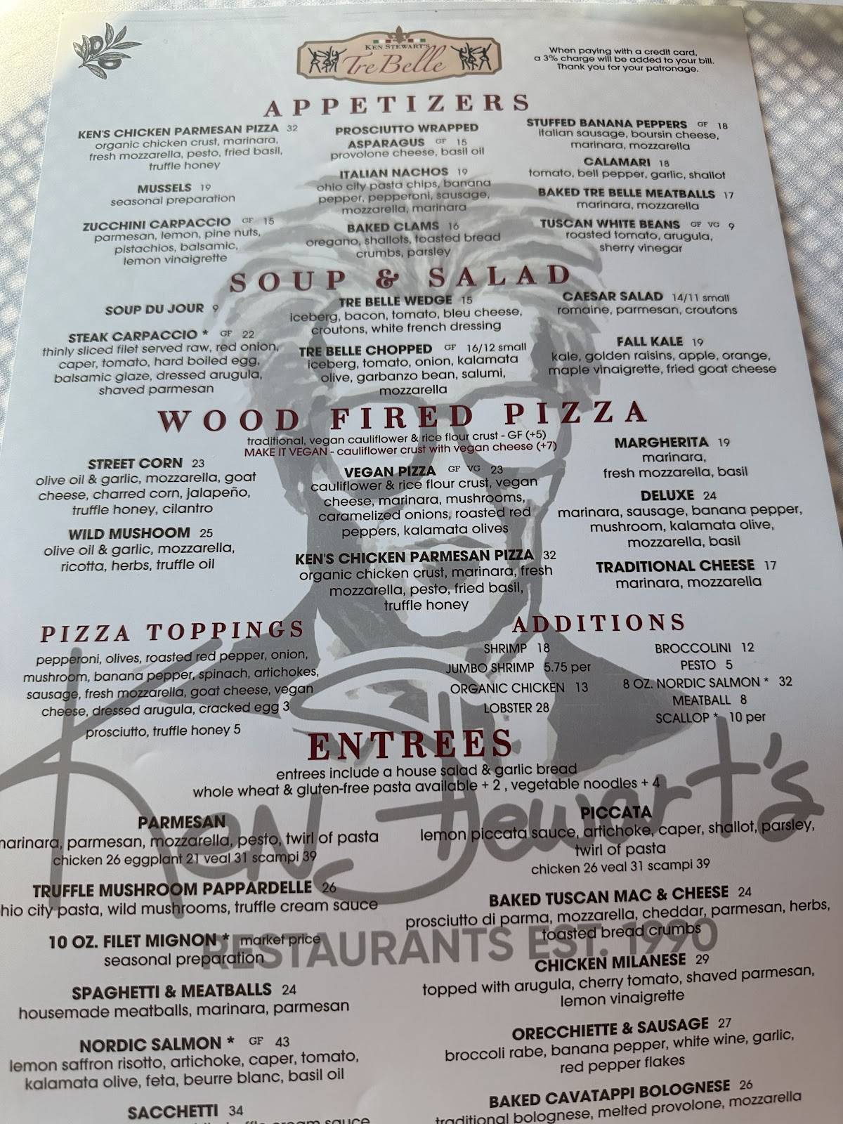 Menu at Ken Stewart's Tre Belle restaurant, Akron