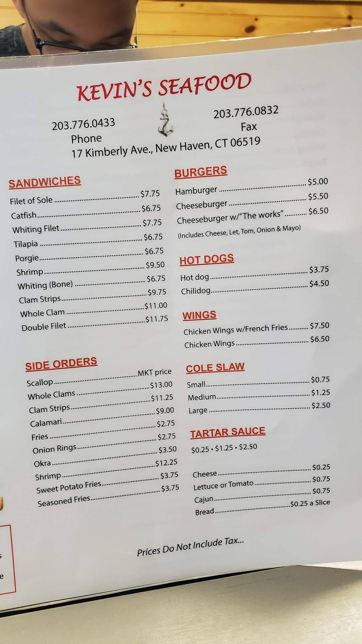 Menu at Kevin's Seafood restaurant, New Haven