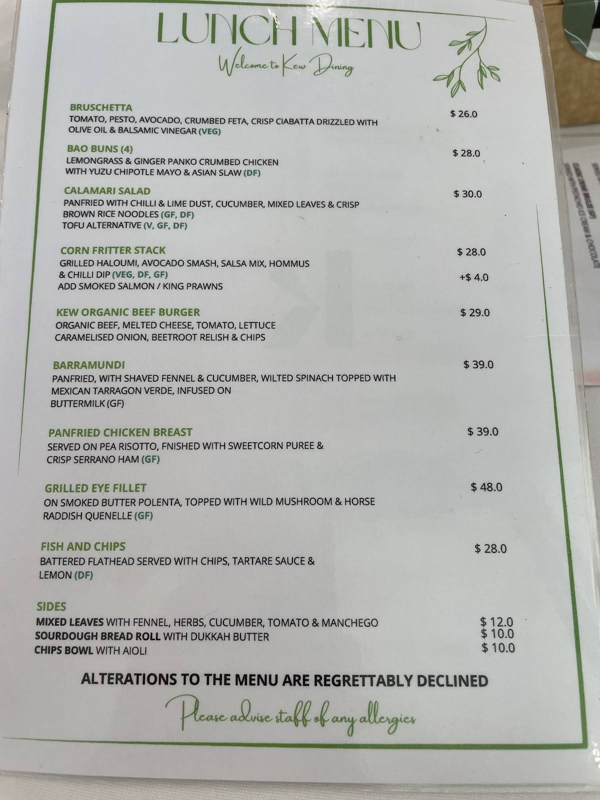 Menu at Kew Dining restaurant, Erina Heights, 414 Central Coast Hwy