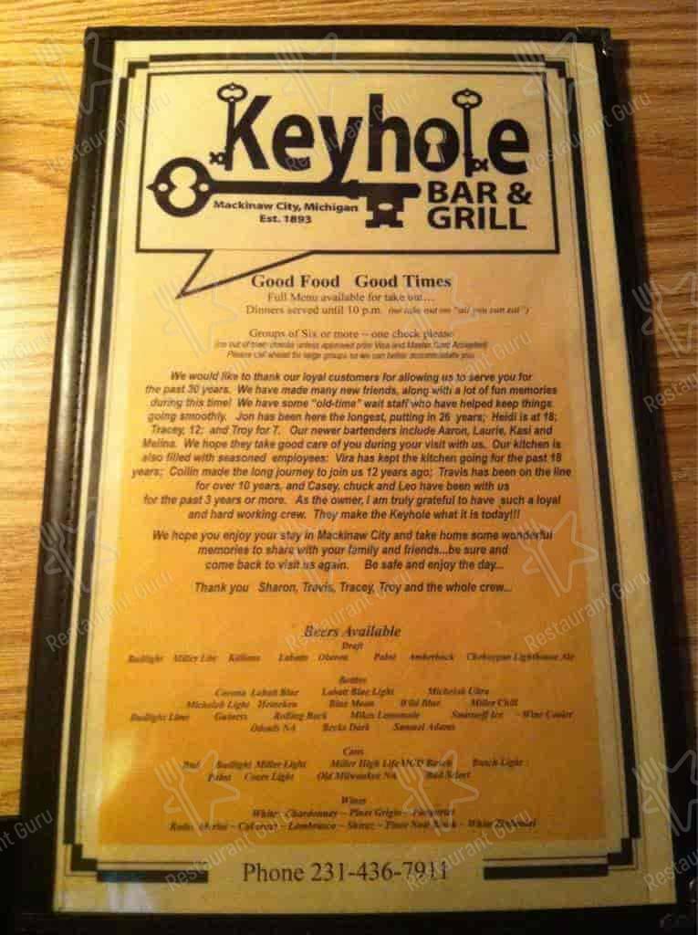 Menu at Keyhole Bar & Grill, Mackinaw City
