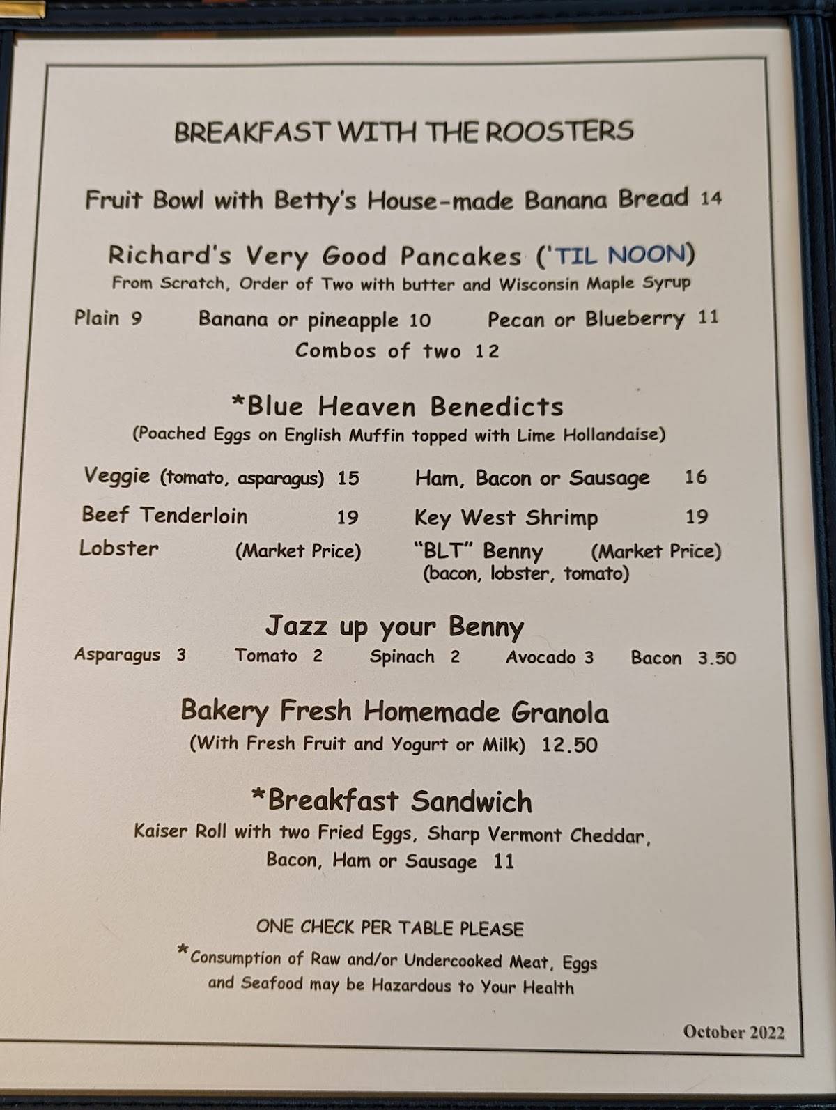 Menu at Blue Heaven restaurant, Key West