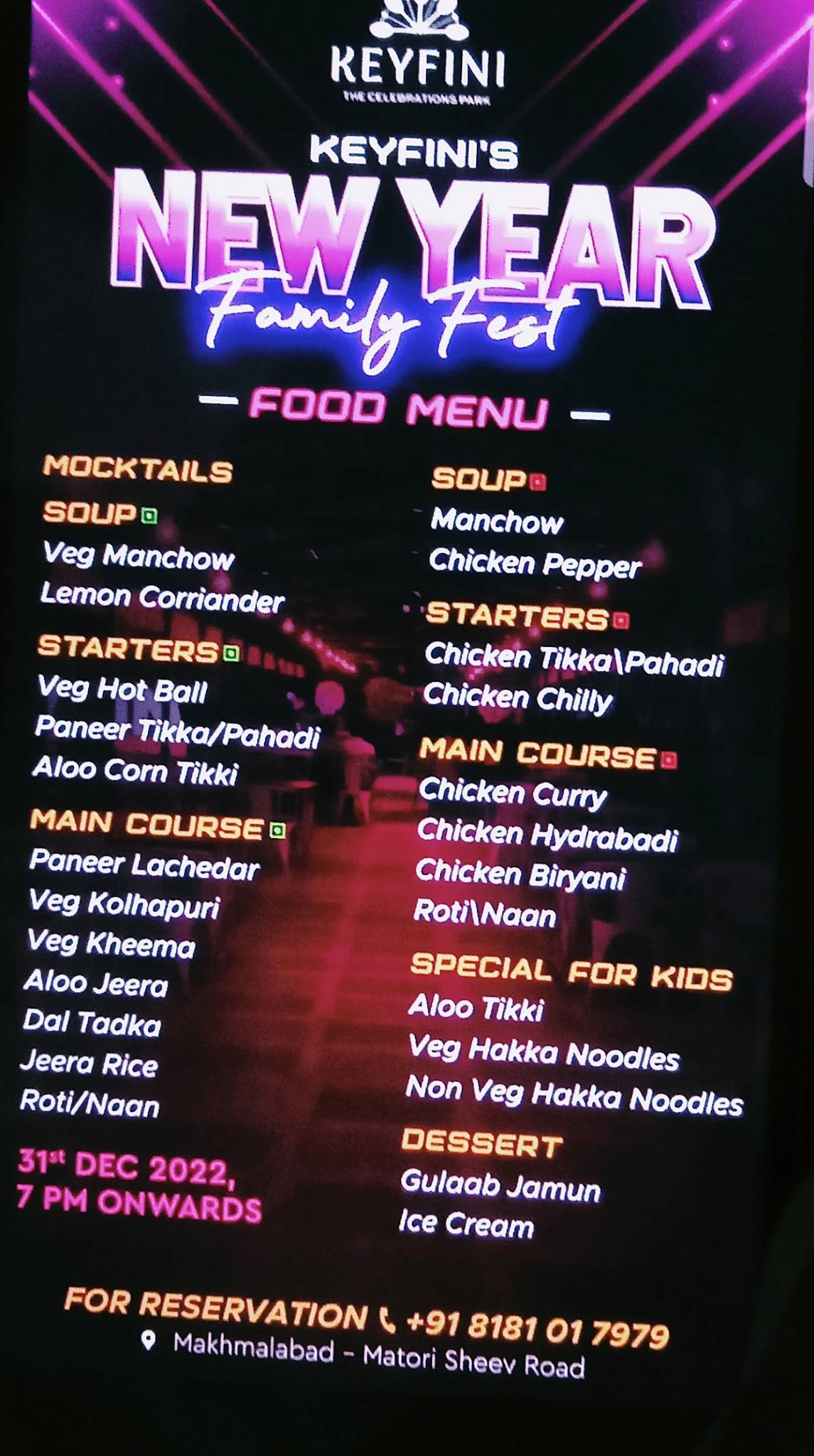 Menu at Keyfini Celebration Park, Nashik