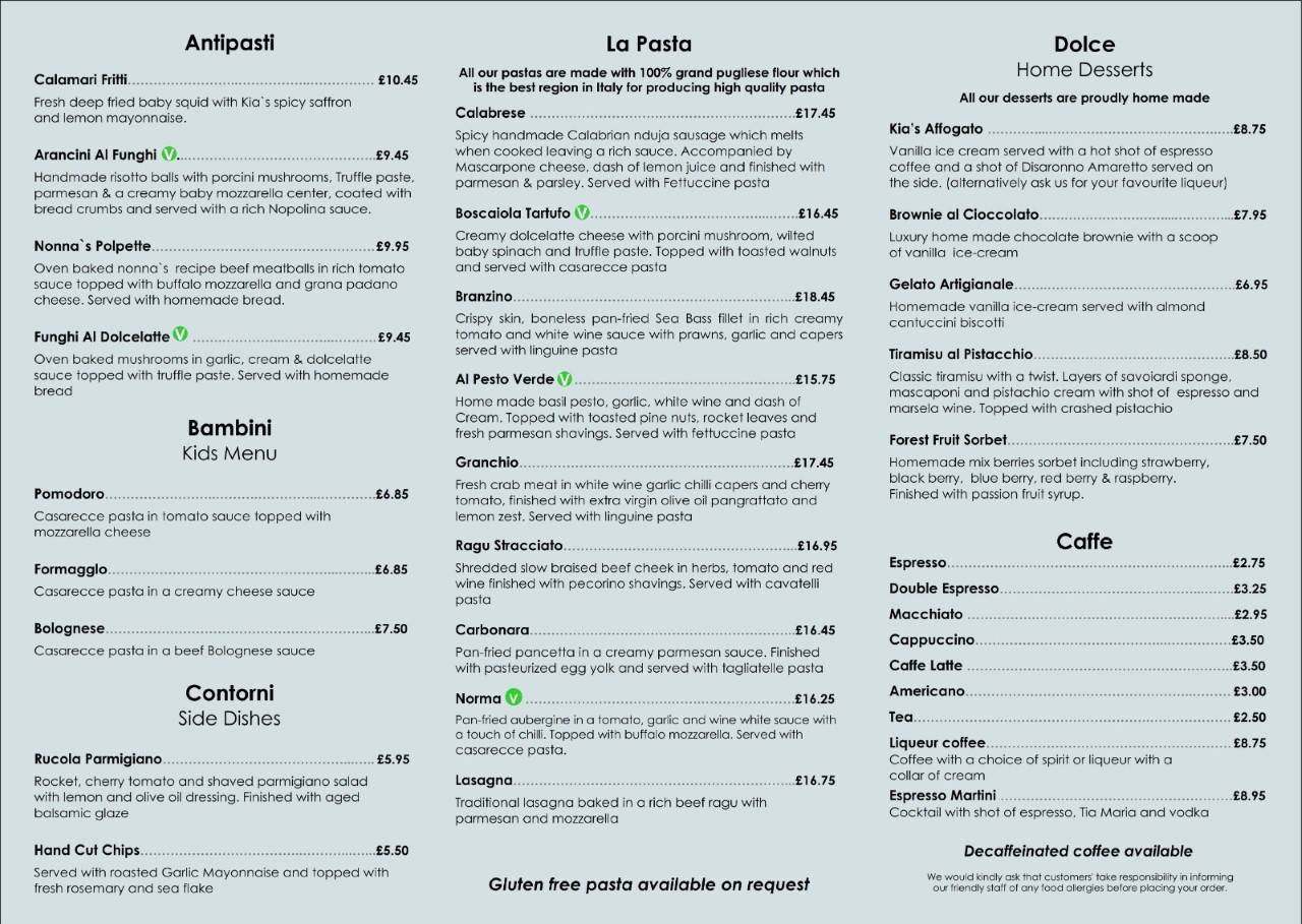 Menu at Kia's Pastaria restaurant, Sheffield
