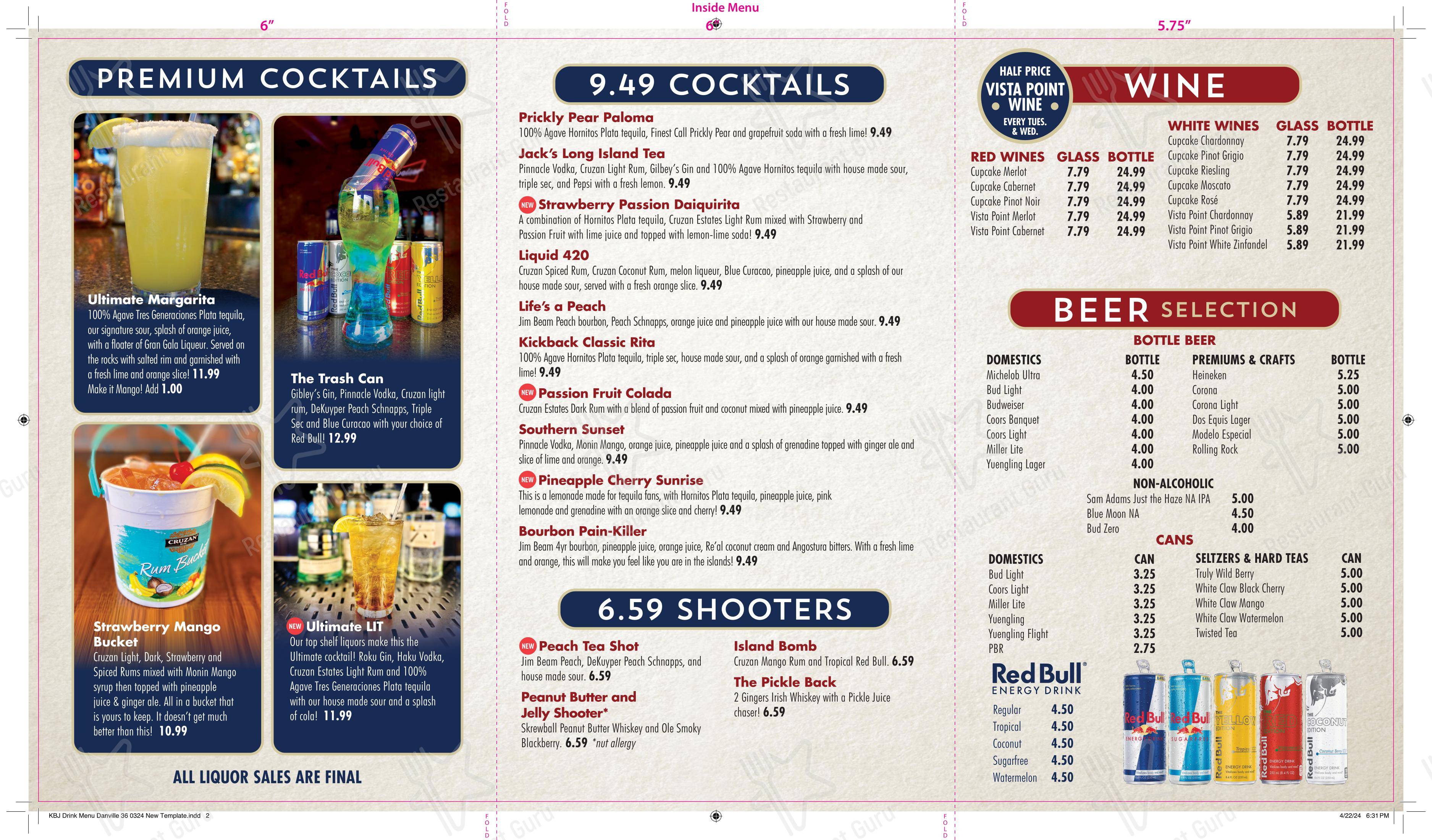 Menu at Kickback Jack's pub & bar, Danville