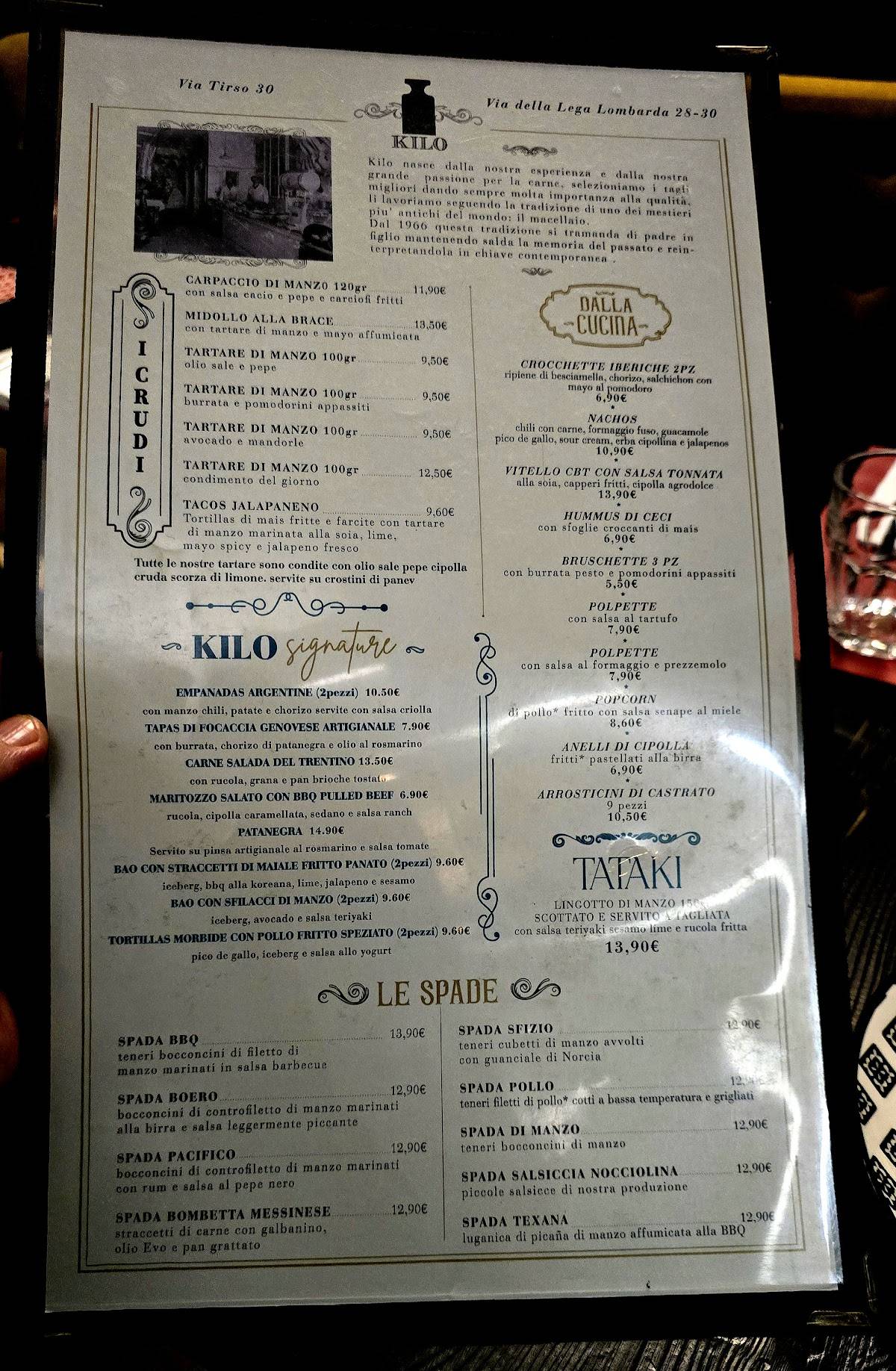 Menu at Kilo Restaurant, Rome, Via Tirso
