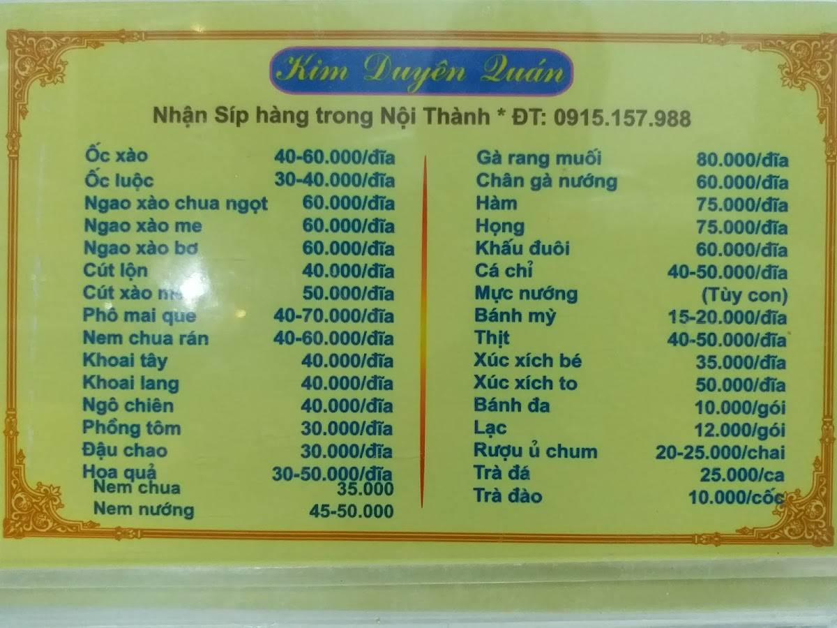 Menu at Kim Duyên quán restaurant, Lang Son