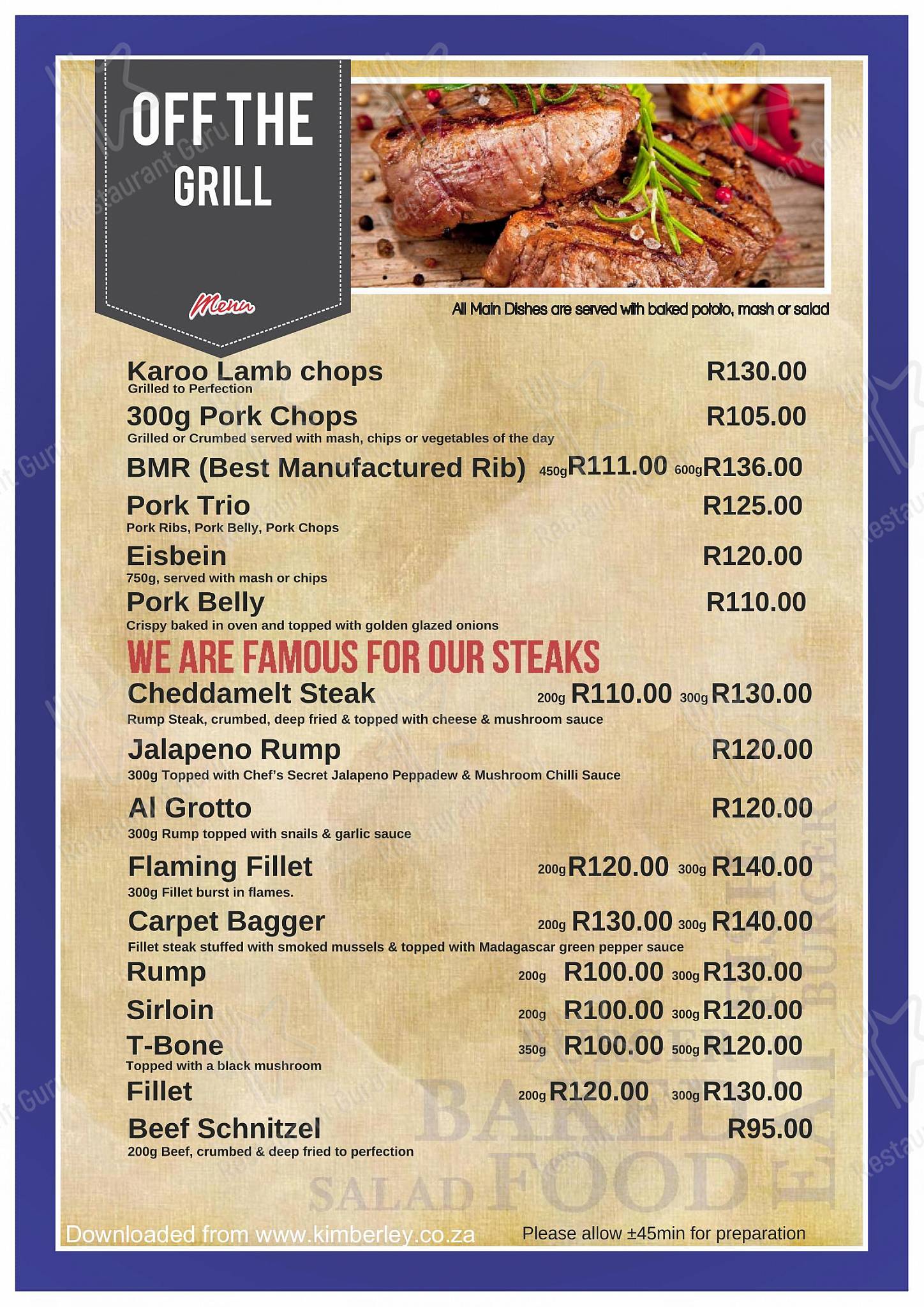 Menu at Horseshoe Inn restaurant, Kimberley