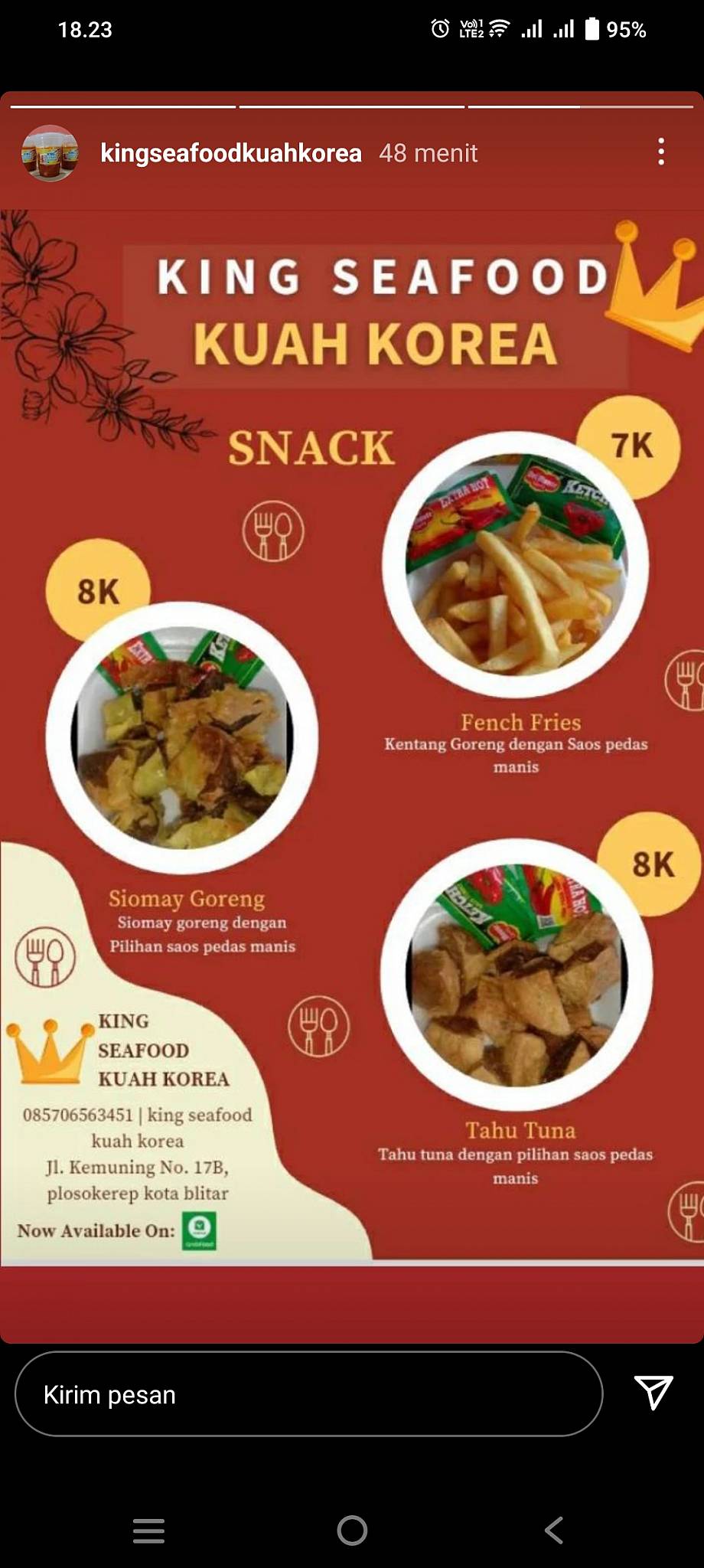 Carta del restaurante King Seafood Kuah Korea dan Juss Buah, Blitar