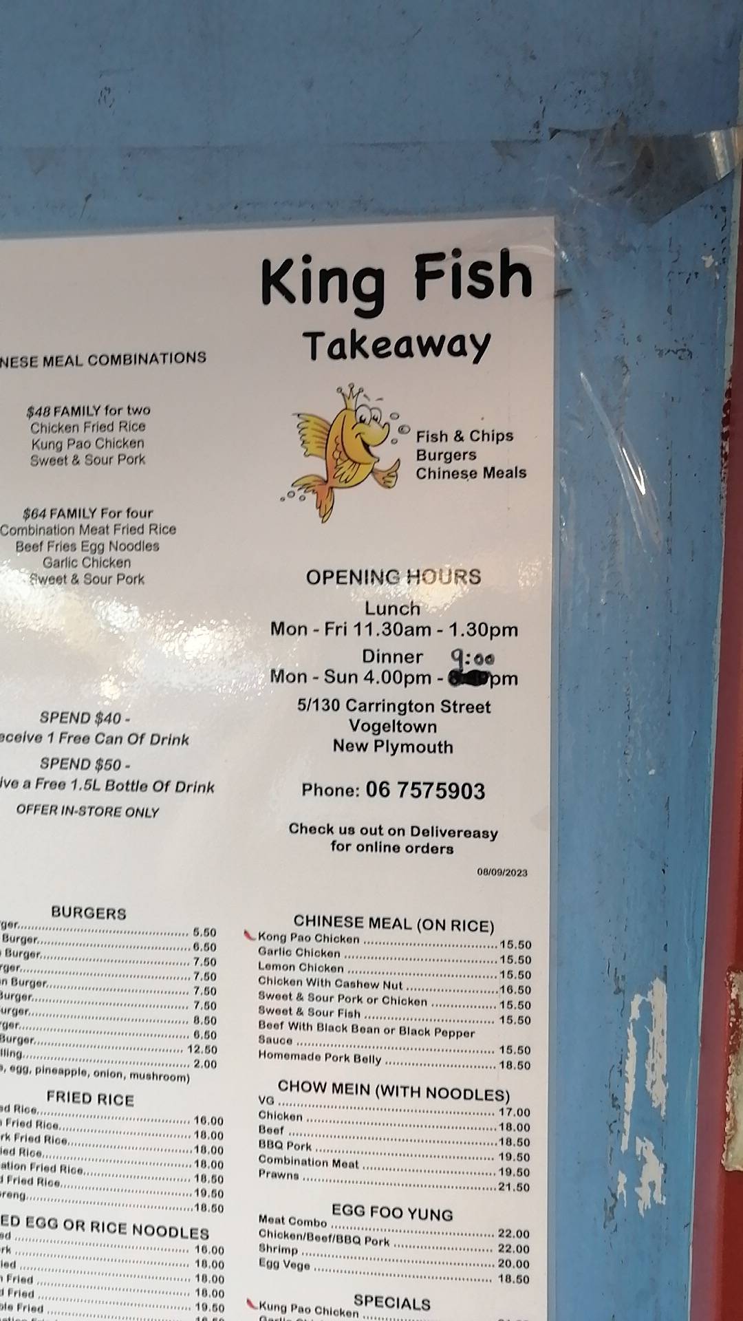 Menu at Kingfish Takeaway restaurant, New Plymouth
