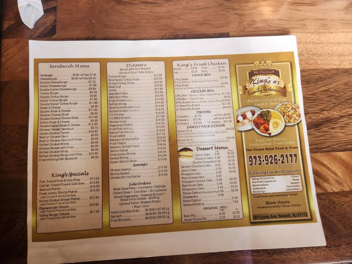 Menu at King's #1 Family Restaurant “Original Kings”, Newark, 361 Lyons Ave