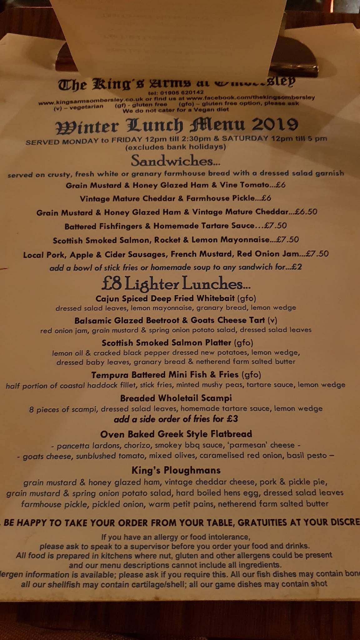Menu at The Kings Arms pub & bar, Ombersley, Main Road