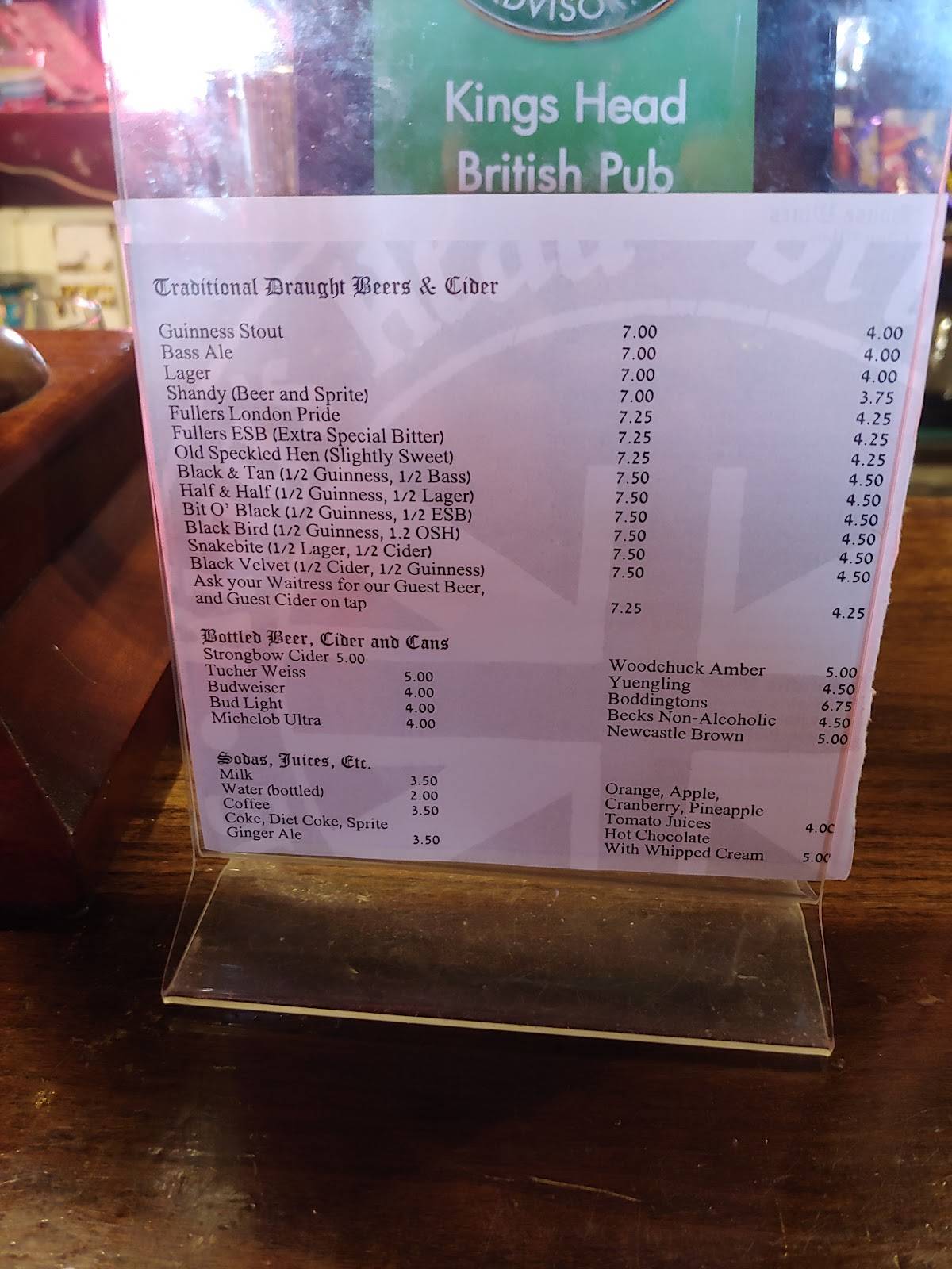 Menu at Kings Head British Pub, St. Augustine