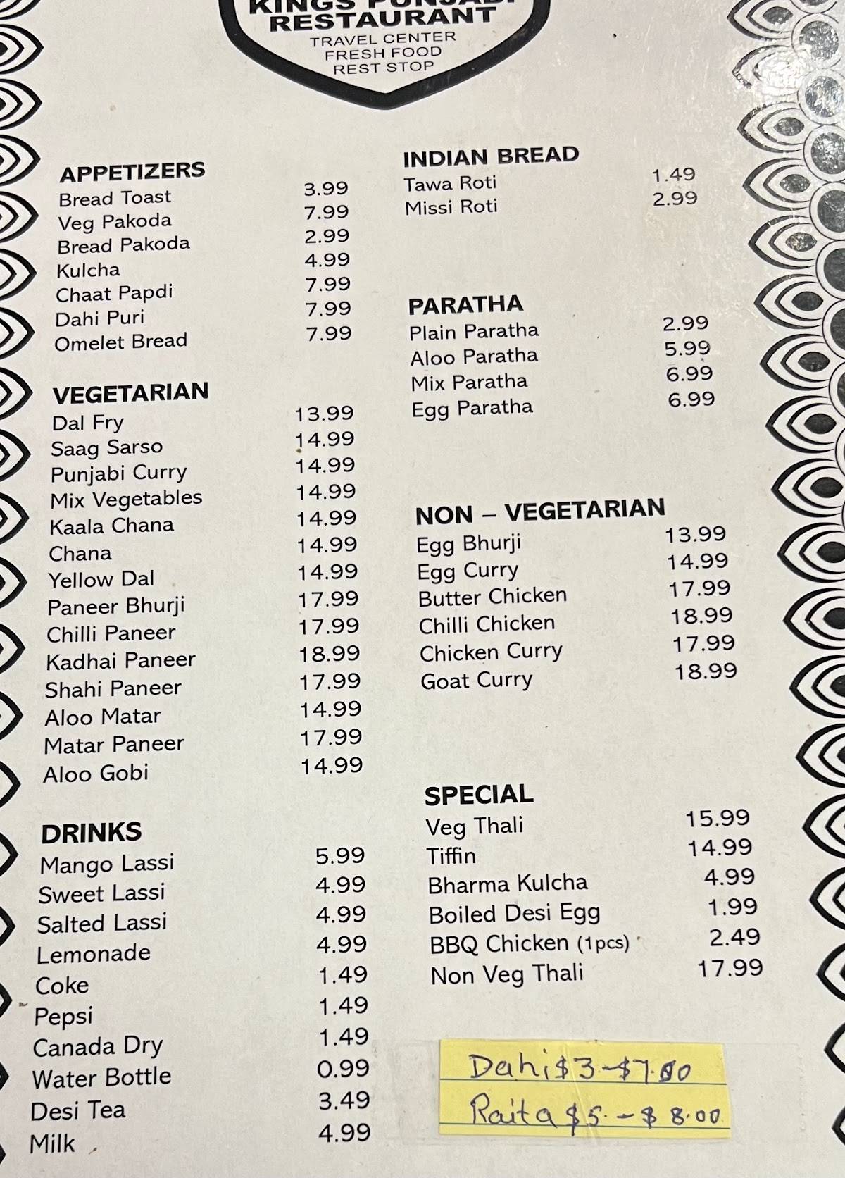 Menu at Kings Punjabi Restaurant (Chache Da Dhaba), Canada