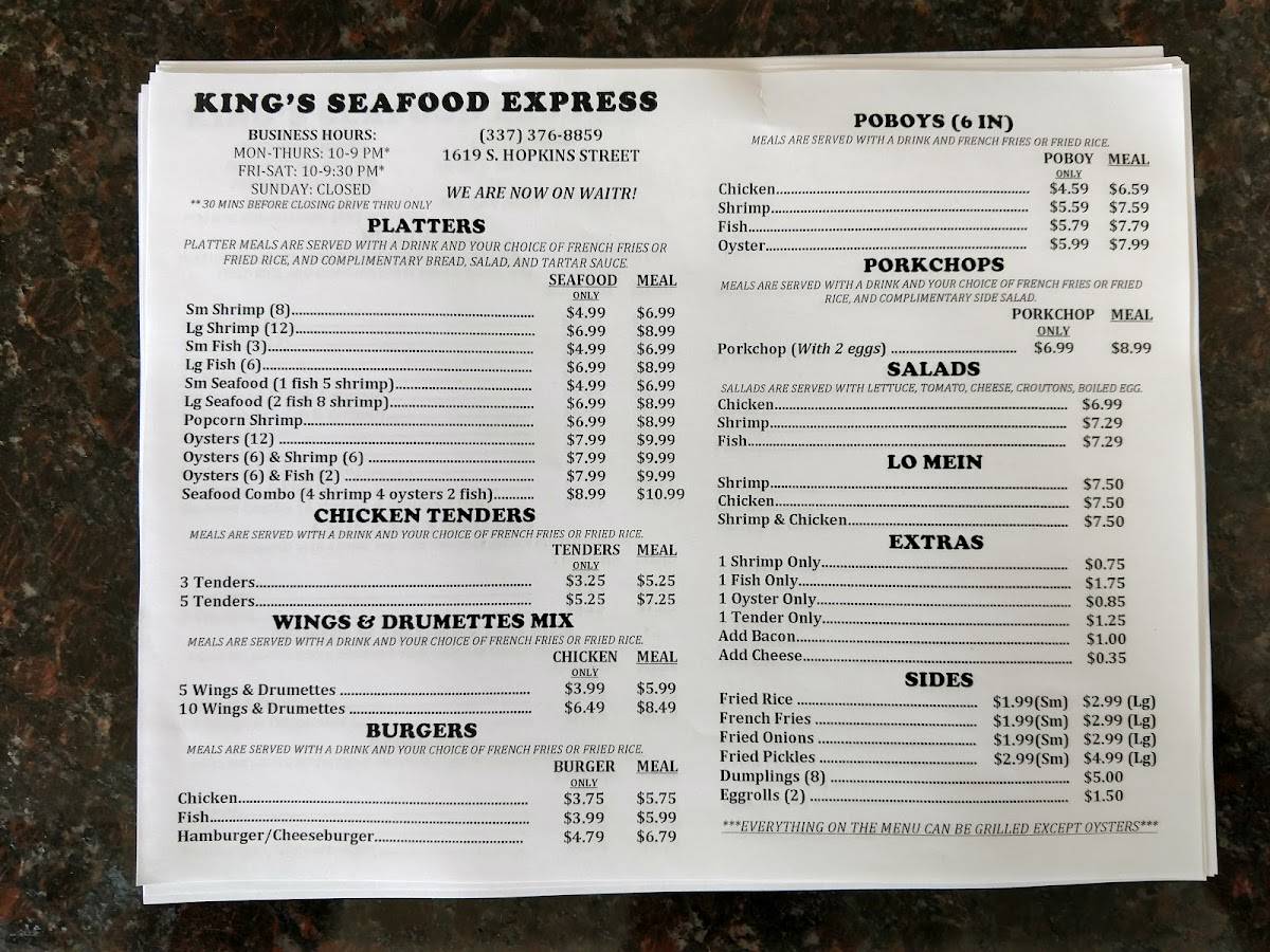 Menu at King’s Seafood New Iberia restaurant, New Iberia